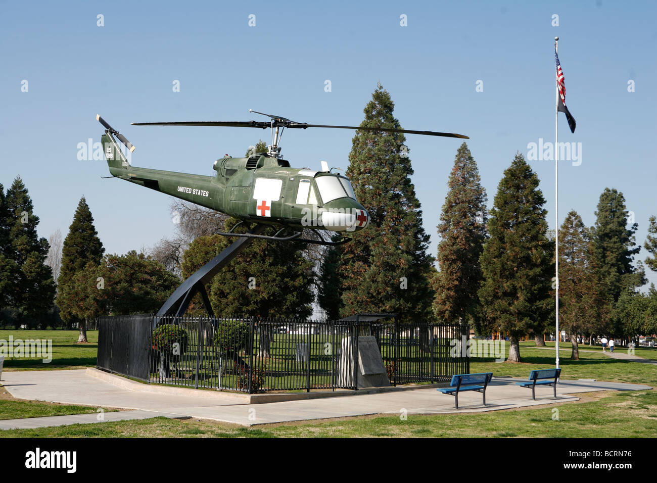 A dustoff Huey helicopter which flew in the Vietnam War is perched on a ...