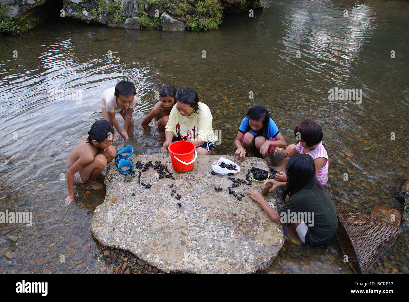 Native family collecting river snails for suppe Stock Photo - Alamy