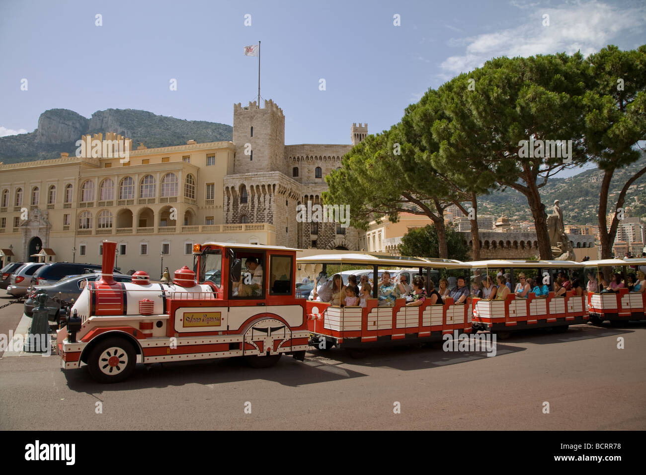 Tourist transport in shape of train in Monaco, South of France, passing ...