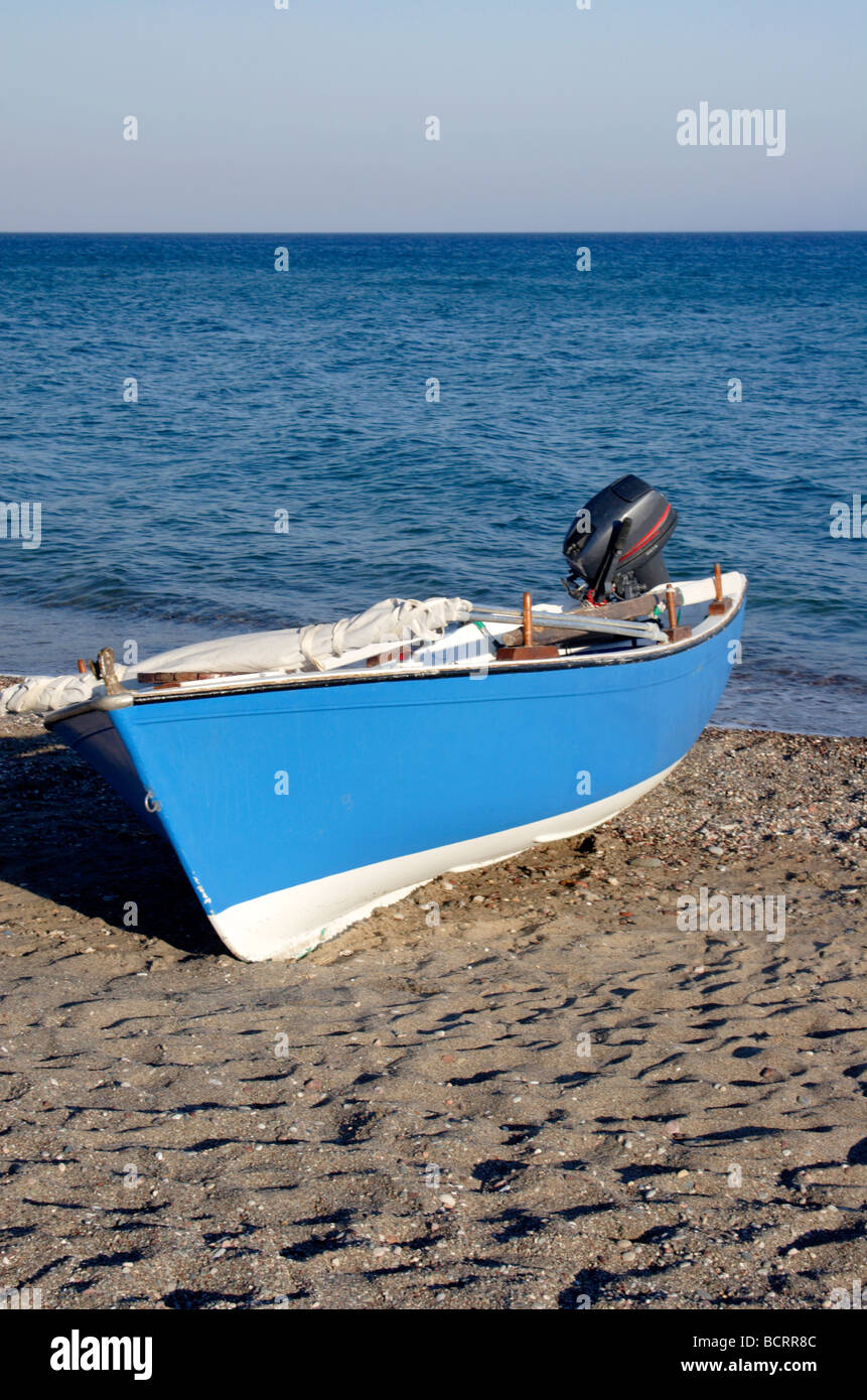 Small motor boat on beach in Lothiarika, near Lardos, Rhodes ...