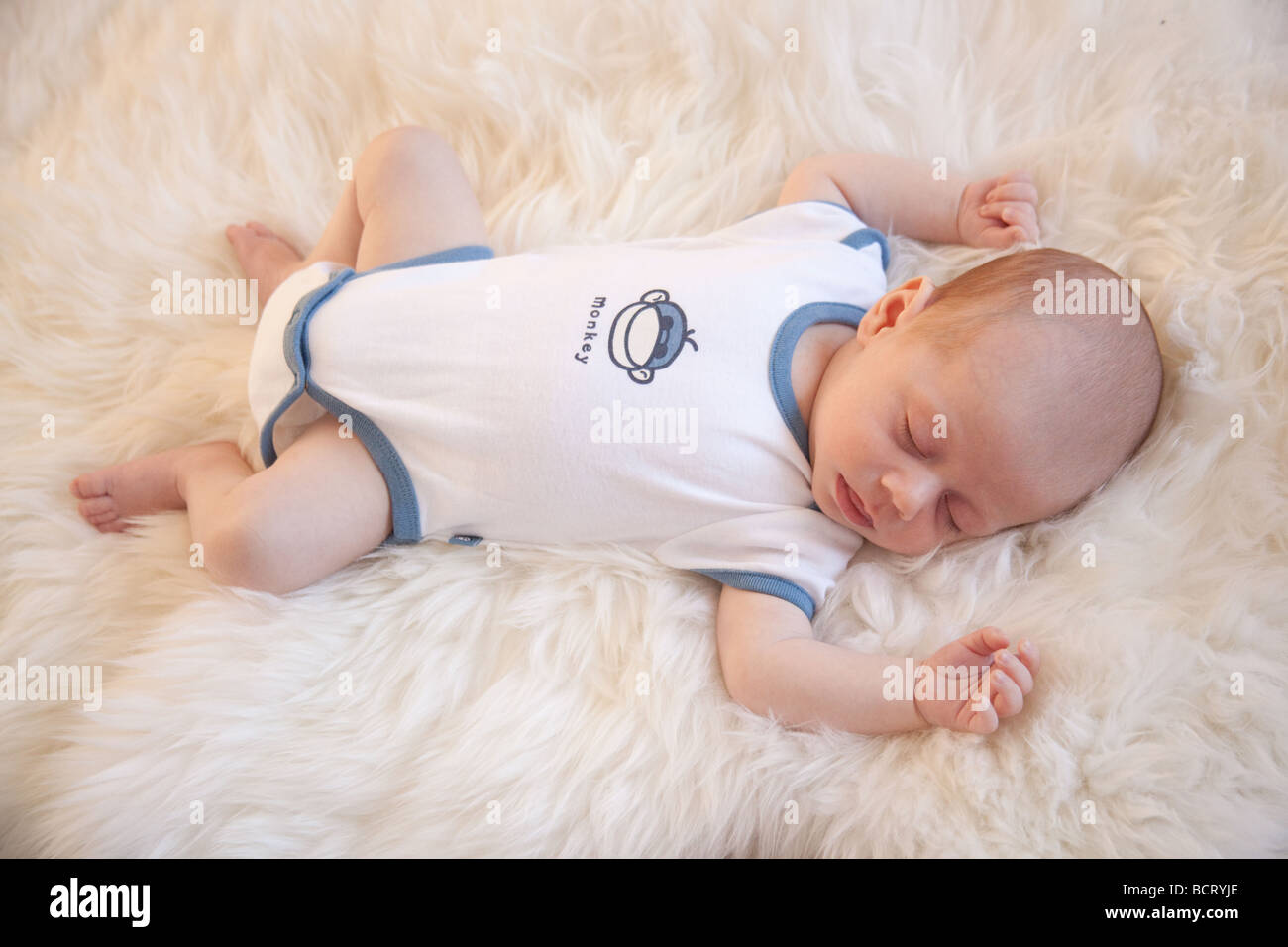 Newborn baby boy sleeping on a sheepskin rug, London, England Stock ...