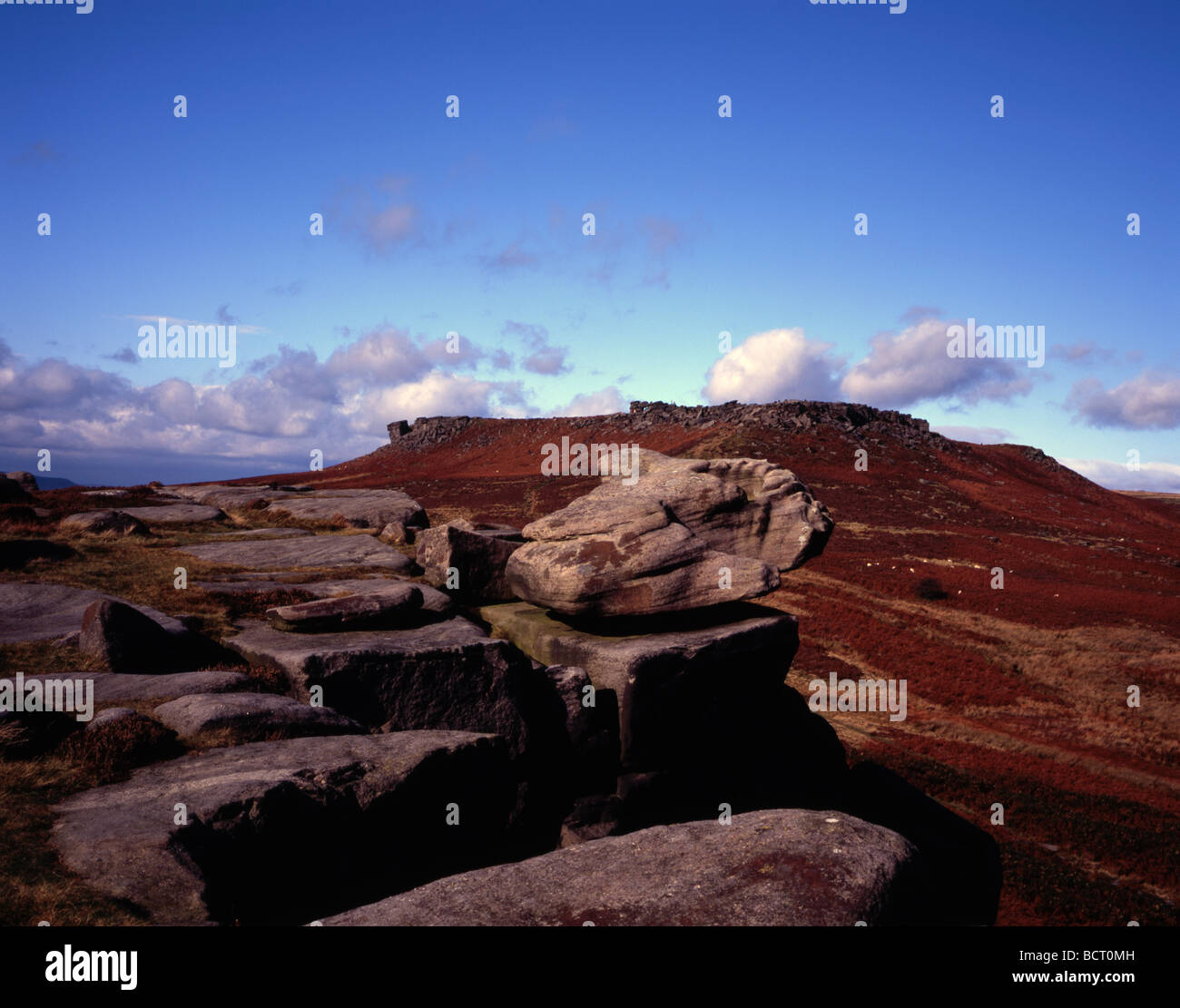 Weathered Gritstone rock The Karl Wark and Higger Tor in the background ...