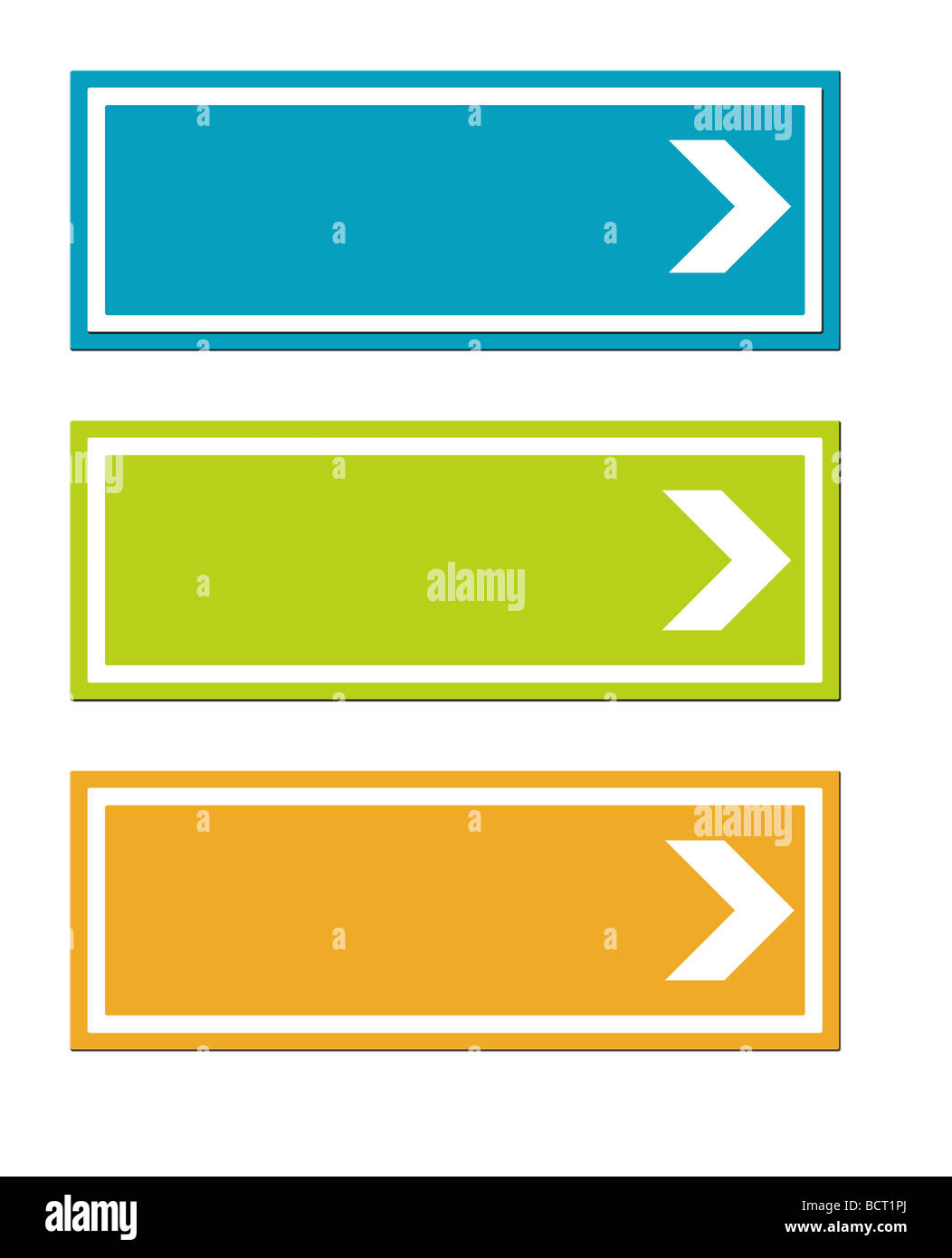 Three colorful road signs with pointing arrows isolated on white ...