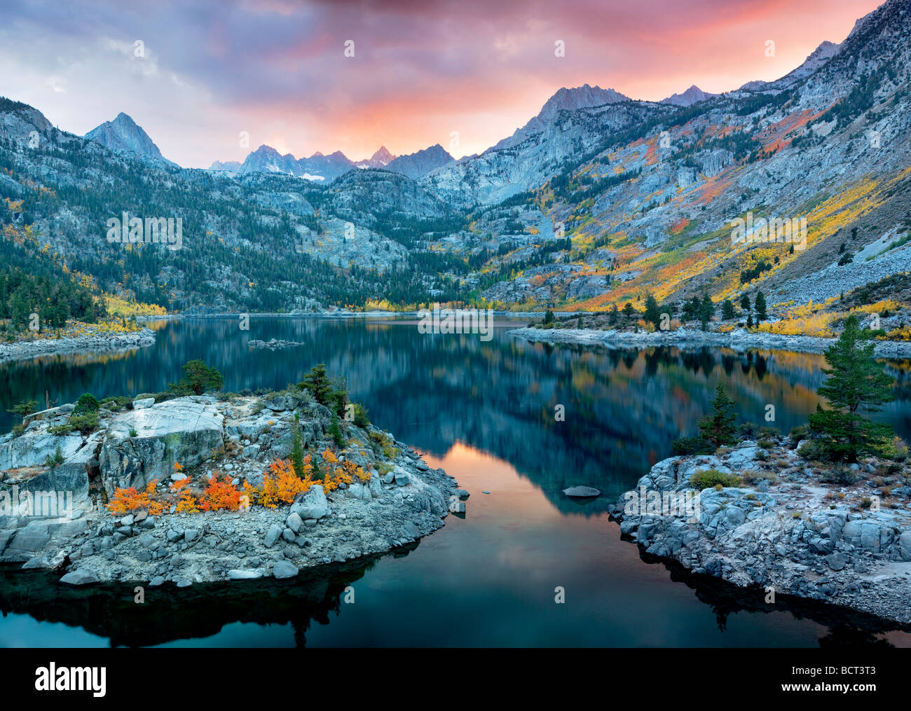 Lake Sabrina at sunset with fall colored aspens Inyo National Forest ...