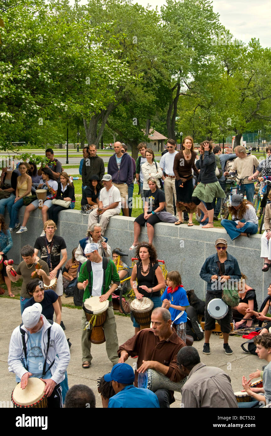 People playing tam tams in the Jeanne Mance park Montreal Quebec Canada ...