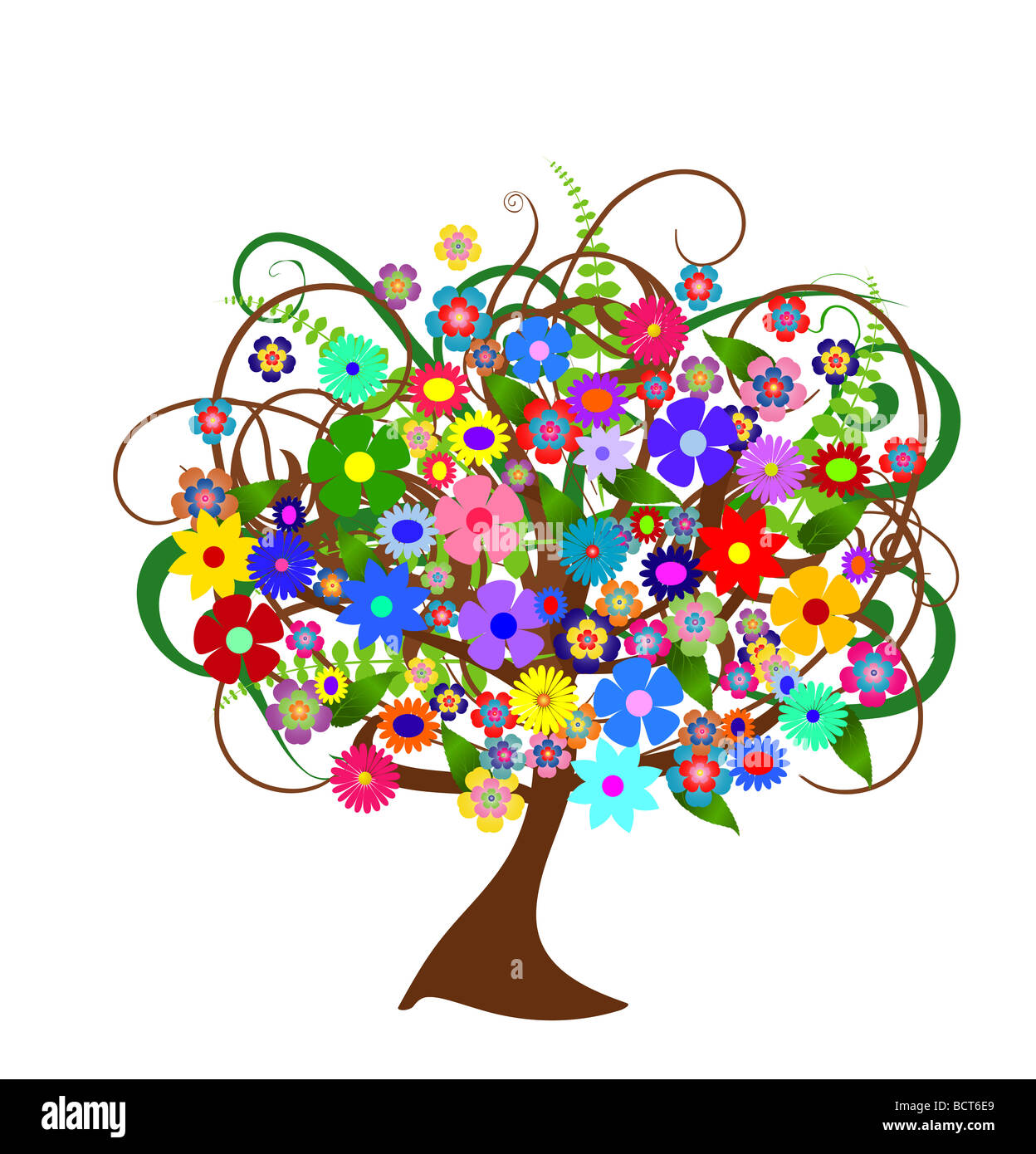 illustration of a colorful tree with flowers Stock Photo - Alamy