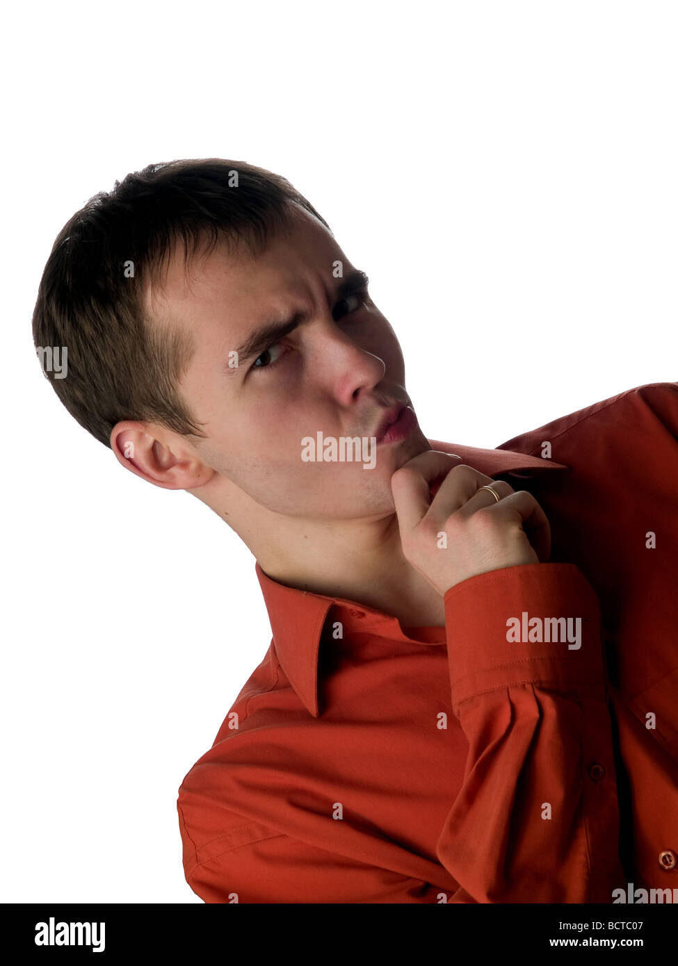 Young man in shirt thinking comic face Stock Photo - Alamy