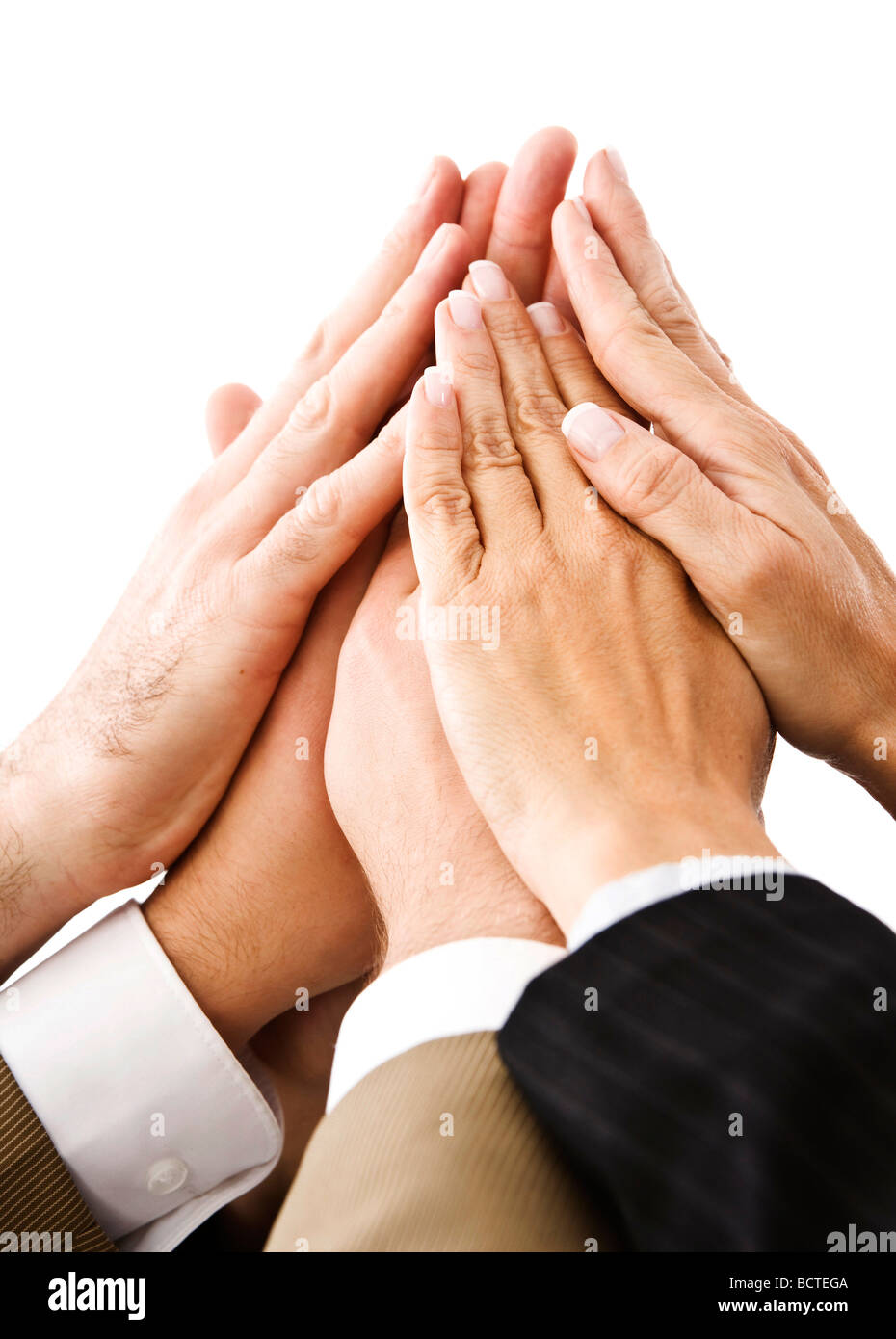 Four pairs of hands over each other, stretched upwards Stock Photo - Alamy
