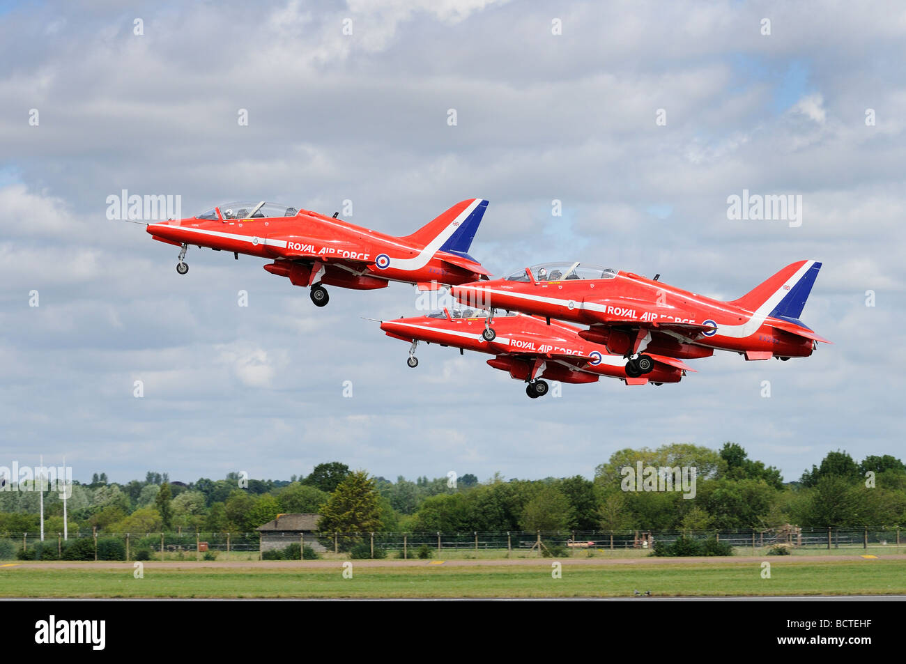 Taking off in groups of 3 aircraft, the Royal Air Force Red Arrows ...
