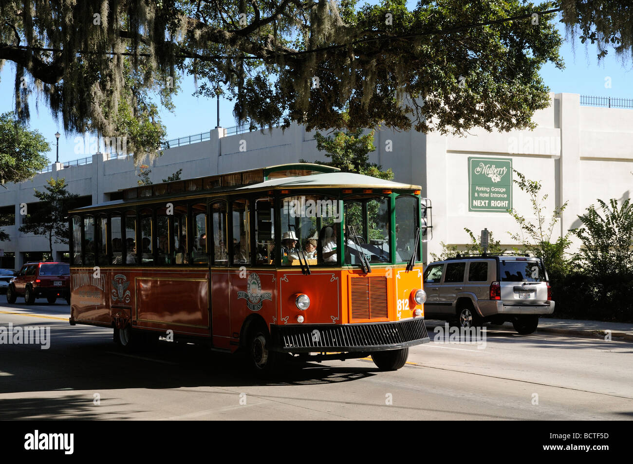 Trolley bus tour of Savannah Georgia USA Stock Photo - Alamy