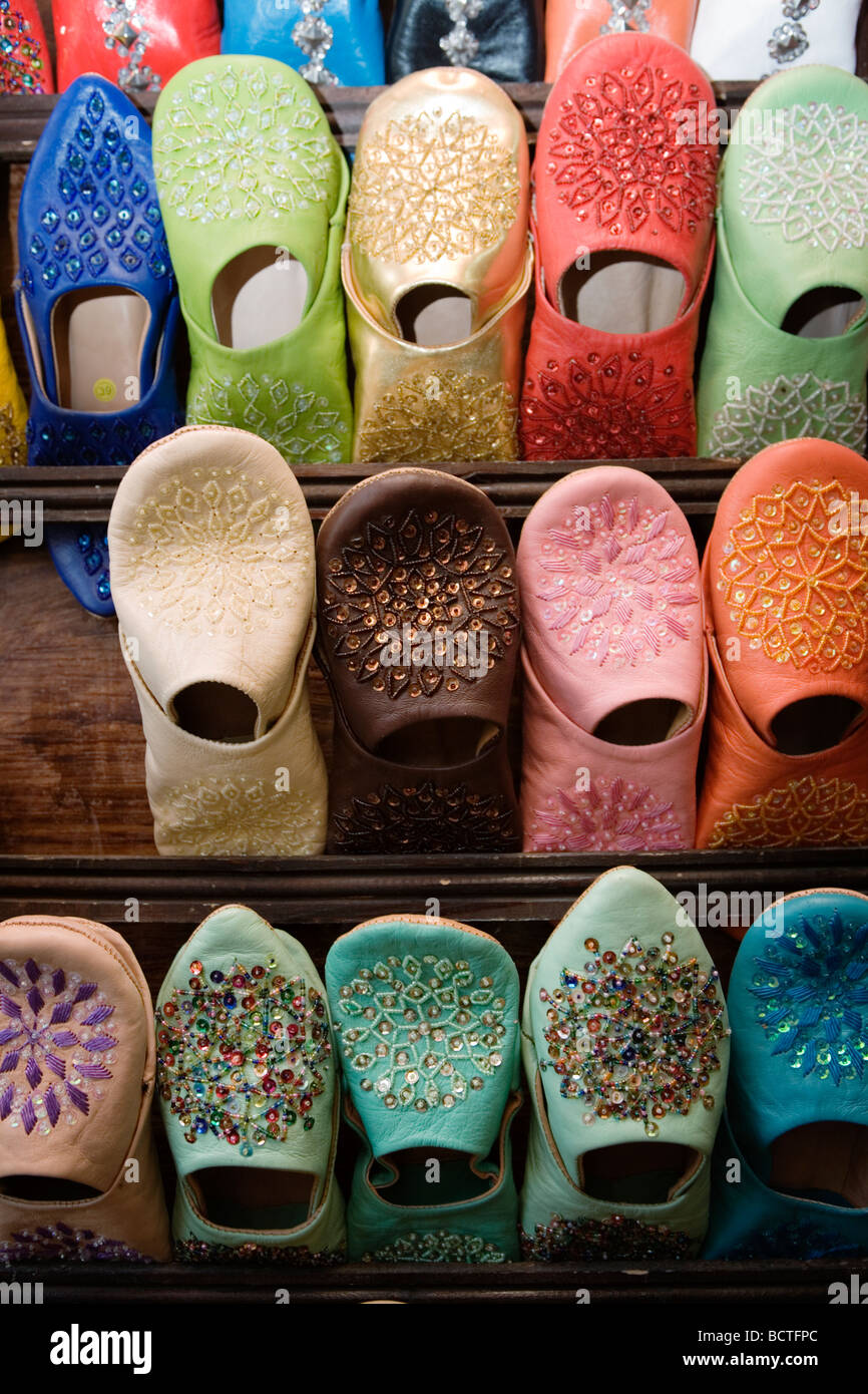 Handmade leather sandals ("babouche") on display at a market alley ...
