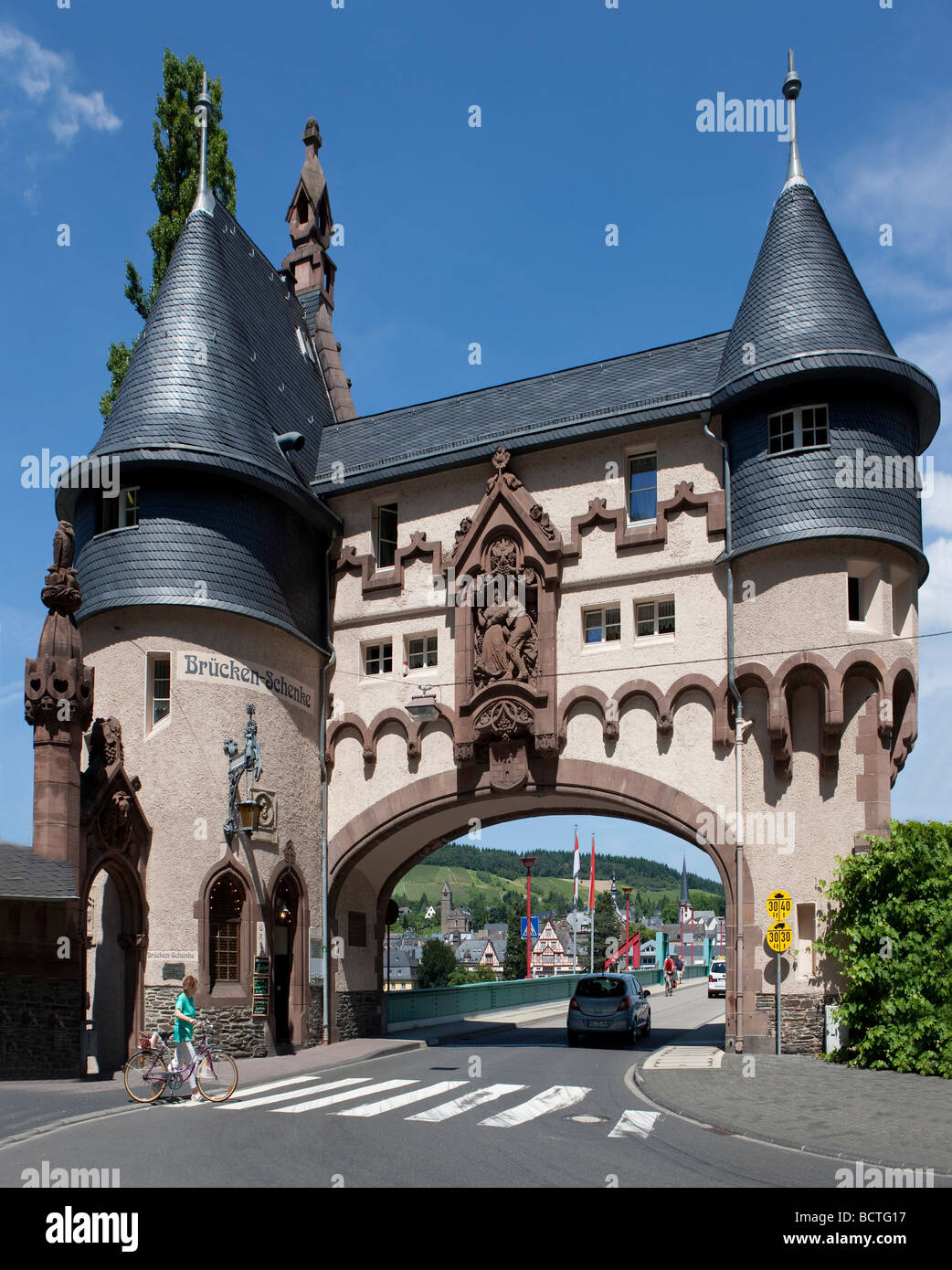View on the Brueckentor bridge gate on the Mosel bridge, built 1899 by ...