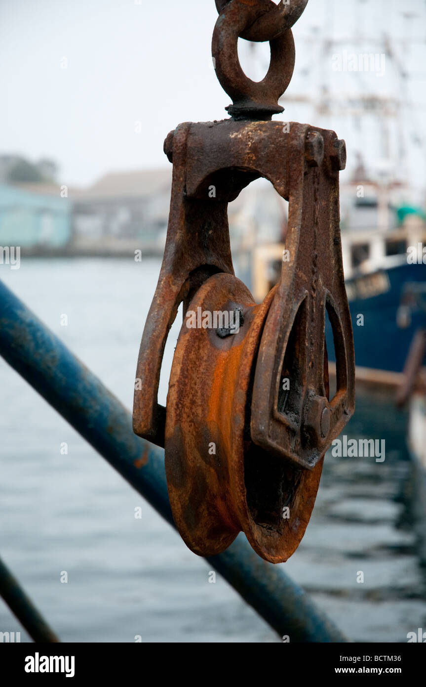 Rusted pulley or block on a commercial fishing boat Gloucester ...