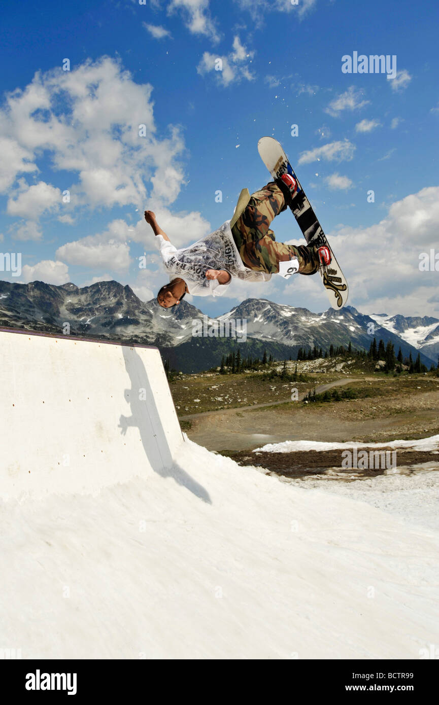 A snowboard flips upside down at a summer ski and snowboard show on ...