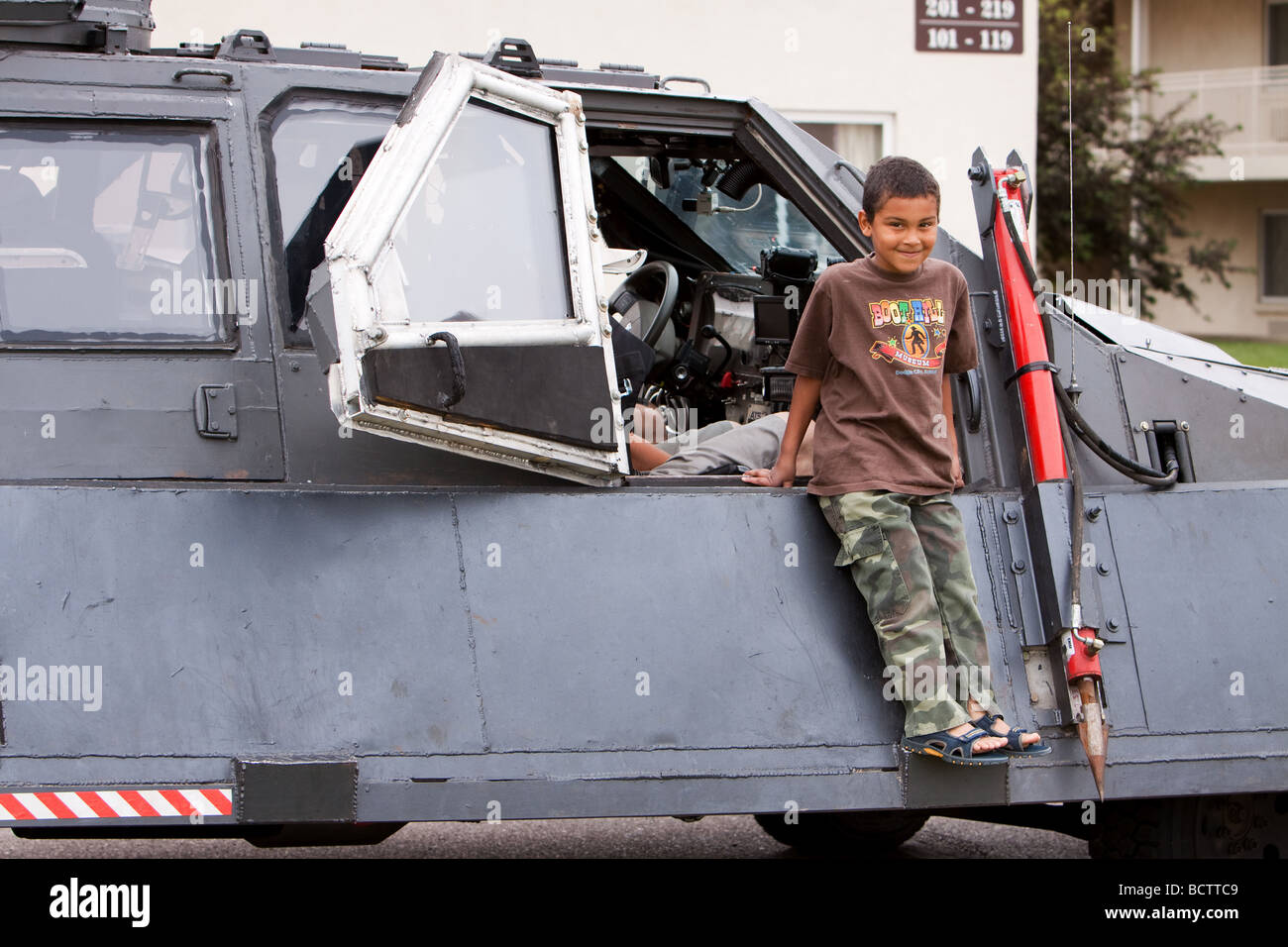 A young boy checks out a very unusual ride the Tornado Intercept ...