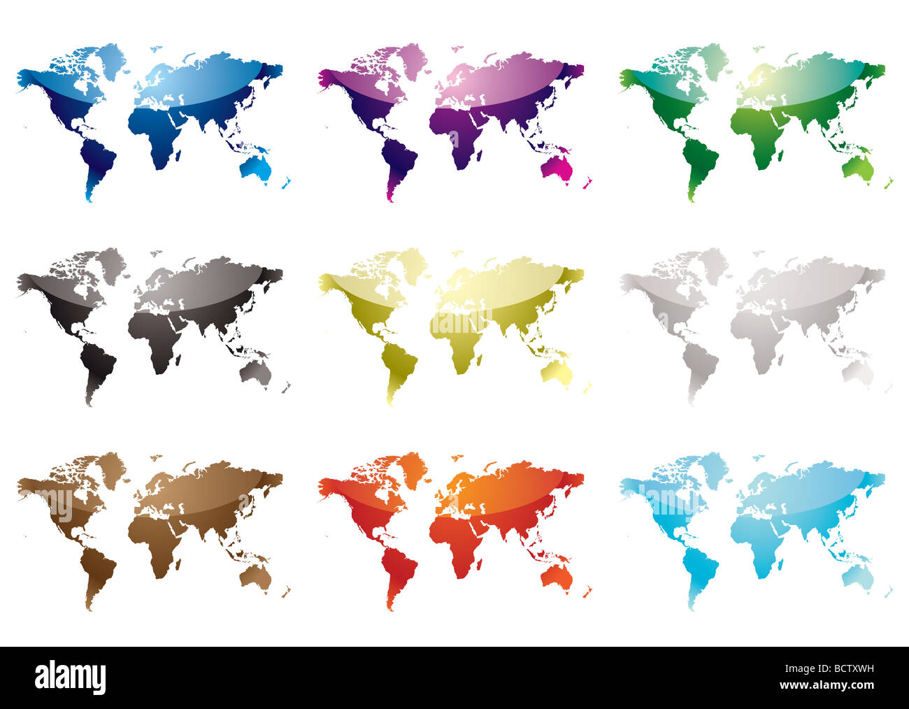Collection of nine world maps with colour variation and light ...