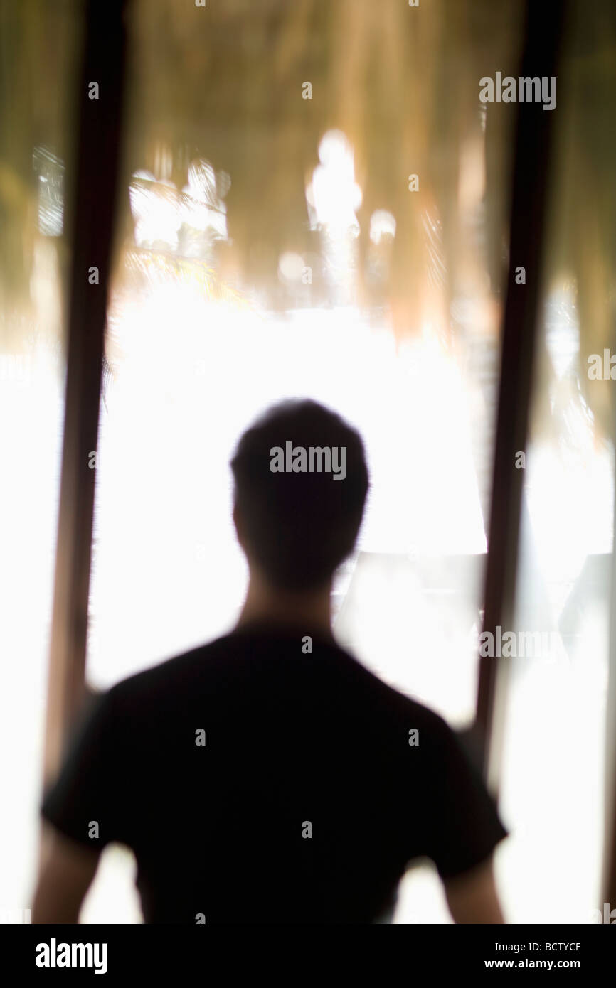 Rear view of a man looking through a window Stock Photo - Alamy
