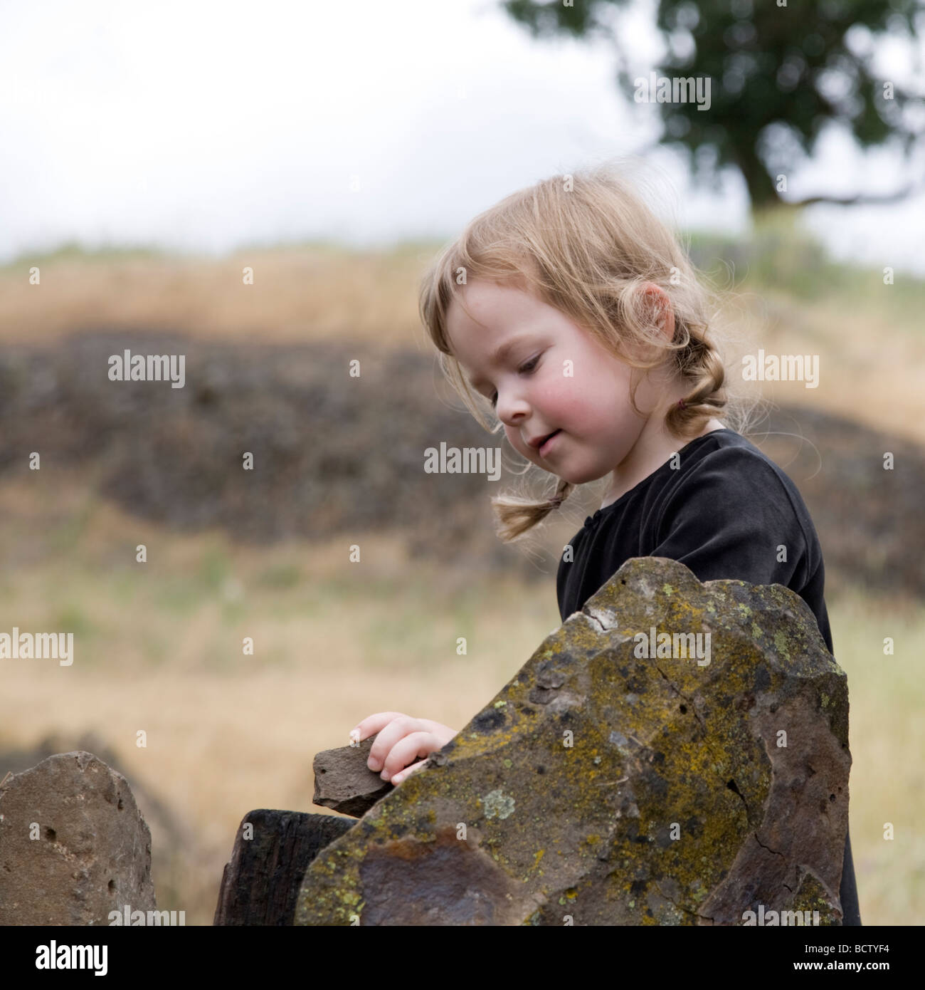 Girl discovering a small stone Stock Photo - Alamy