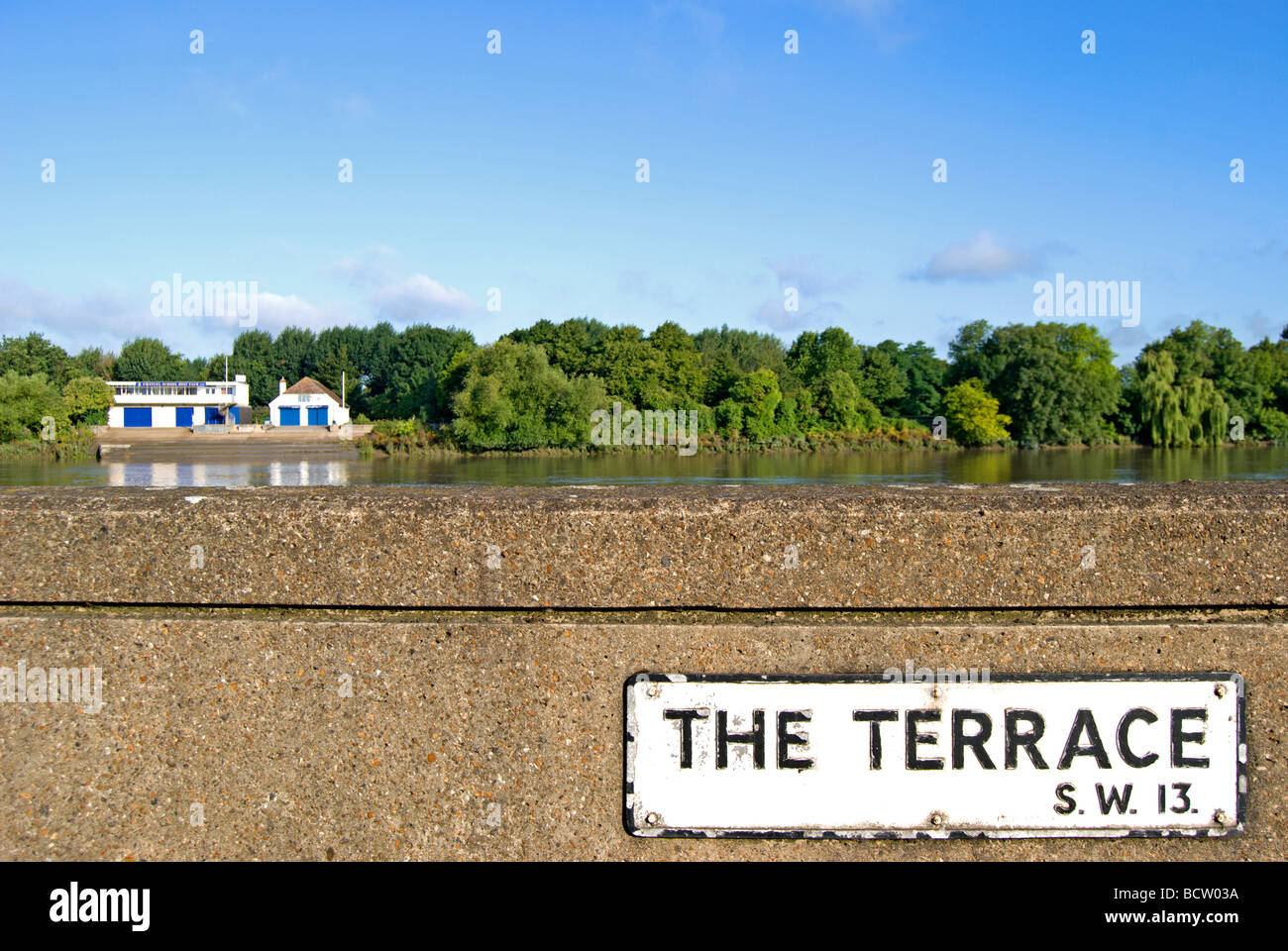 street name plate for the terrace, barnes, southwest london, with view ...