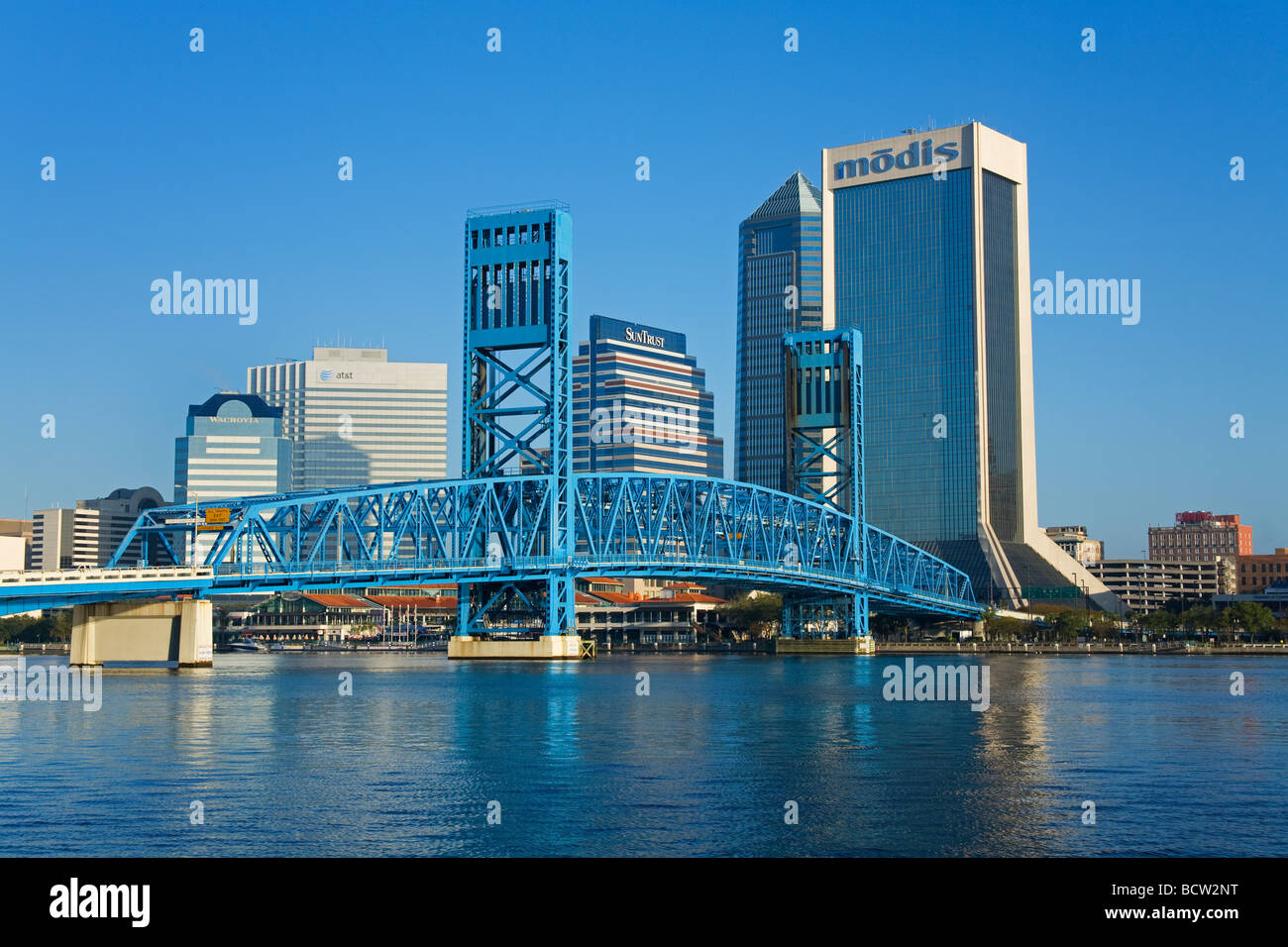 Bridge across river with skyscrapers at waterfront Modis Tower John T ...