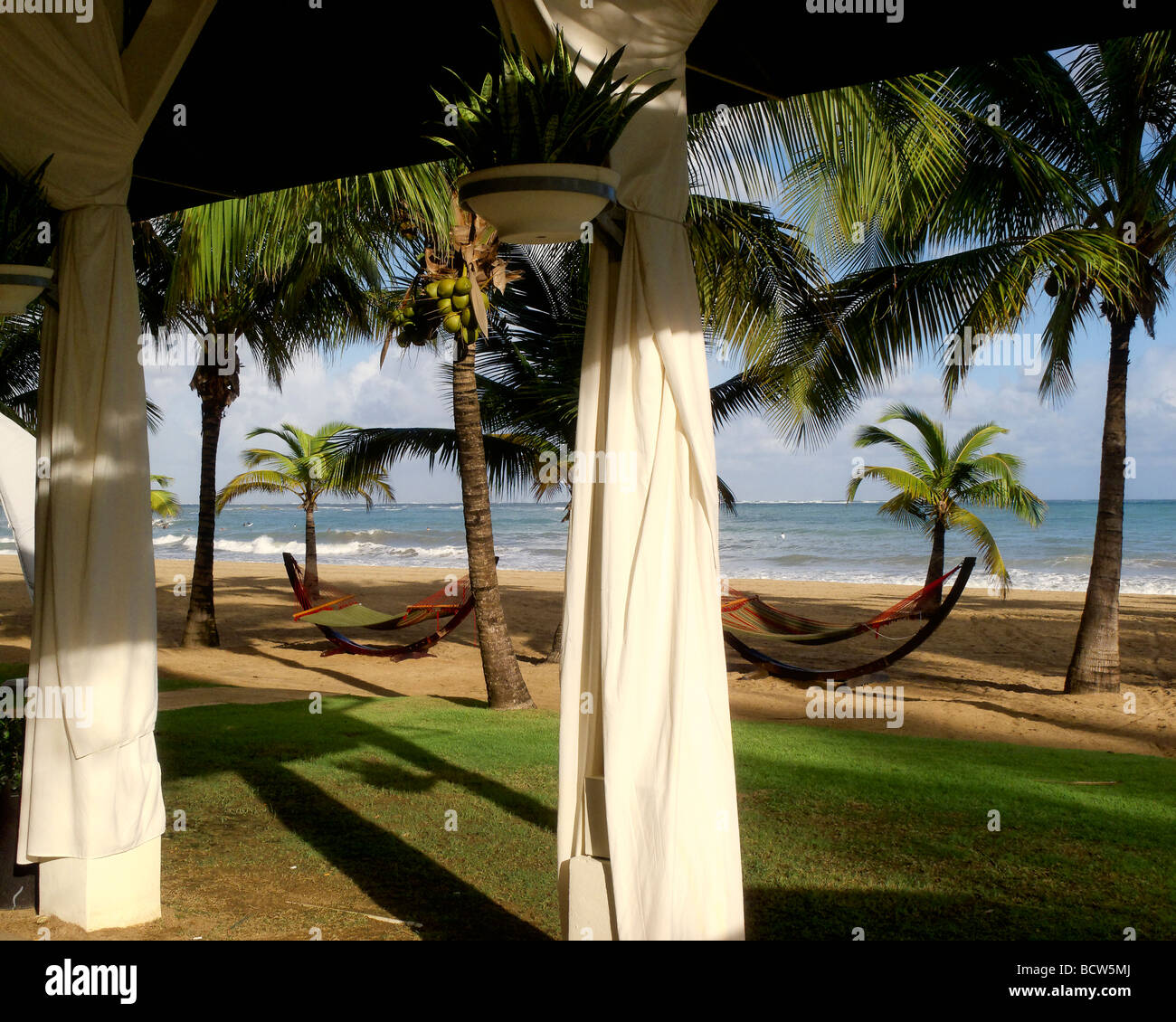 View of a Beach with Hammocks from a Verandah, Isla Verde, Puerto Rico ...