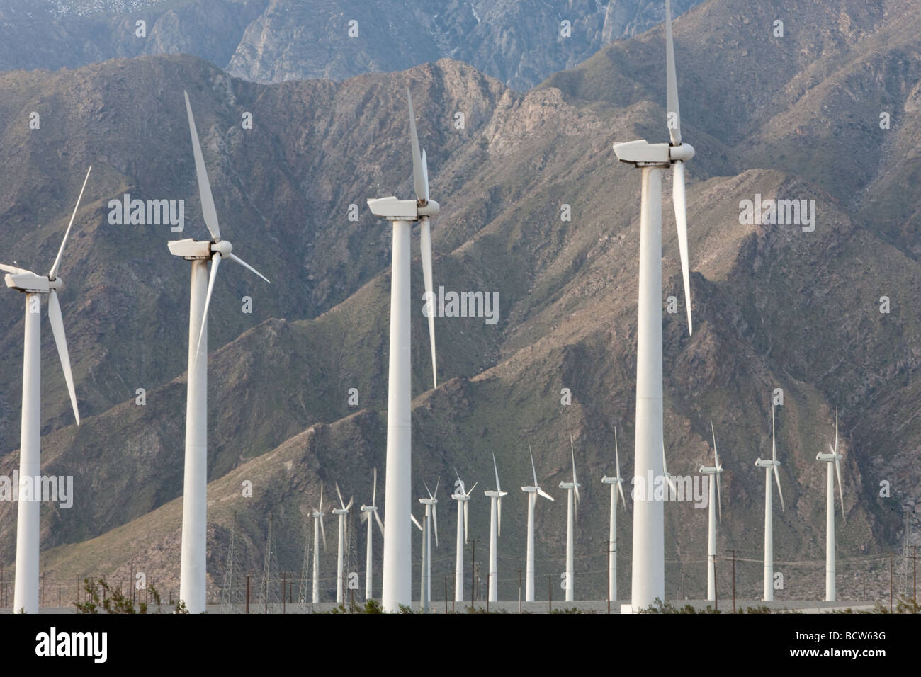 Wind turbines generating electricity on the San Gorgonio Pass Wind Farm ...