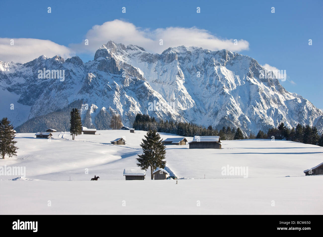 Hilly meadows, Karwendelgebirge mountains, winter landscape, Mittenwald ...