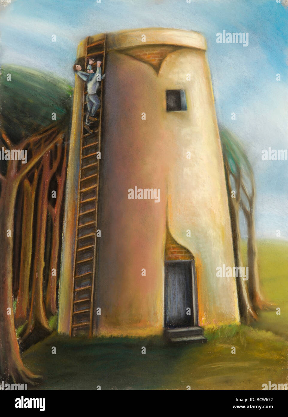 Climbing the Tower by Lucile Montague, pastel drawing, 2006 Stock Photo ...