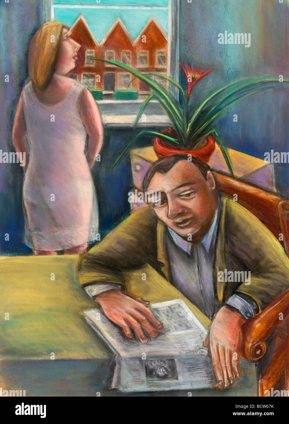 Living the Suburban Dream by Lucile Montague, pastel drawing on paper ...