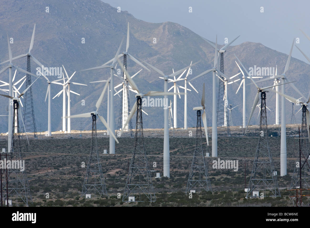 Wind turbines generating electricity on the San Gorgonio Pass Wind Farm ...