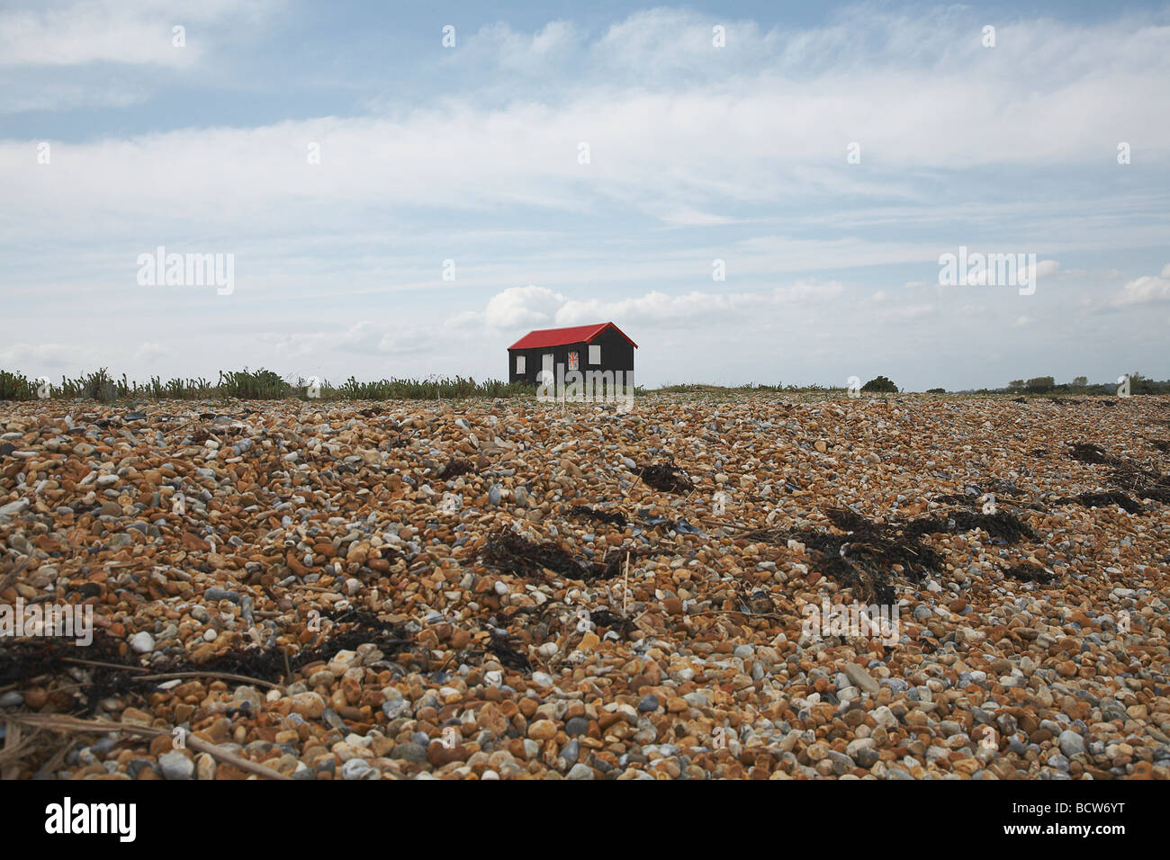 Beach hut with Union Jack painted shutter in England Stock Photo - Alamy