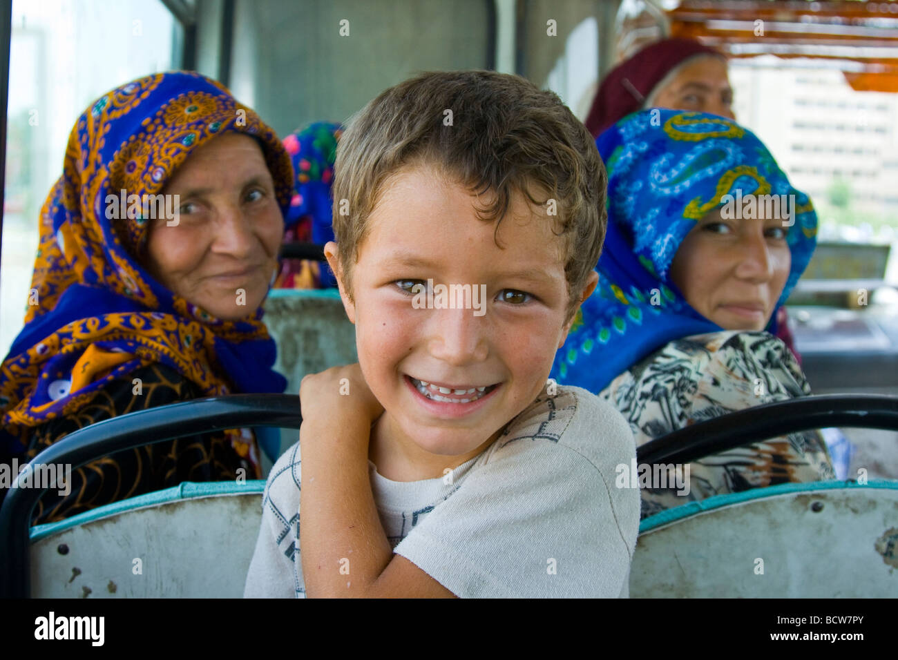 Muslim Women and Young Boy on a Bus in Mary Turkmenistan Stock Photo ...