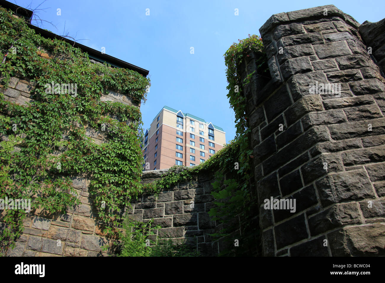 Old structure juxtaposed with new building in White Plains, New York ...