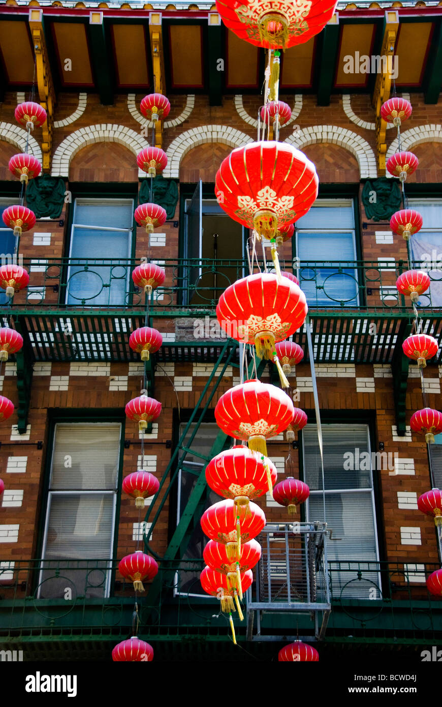 Low angle view of Chinese lanterns hanging on a building, Chinatown ...