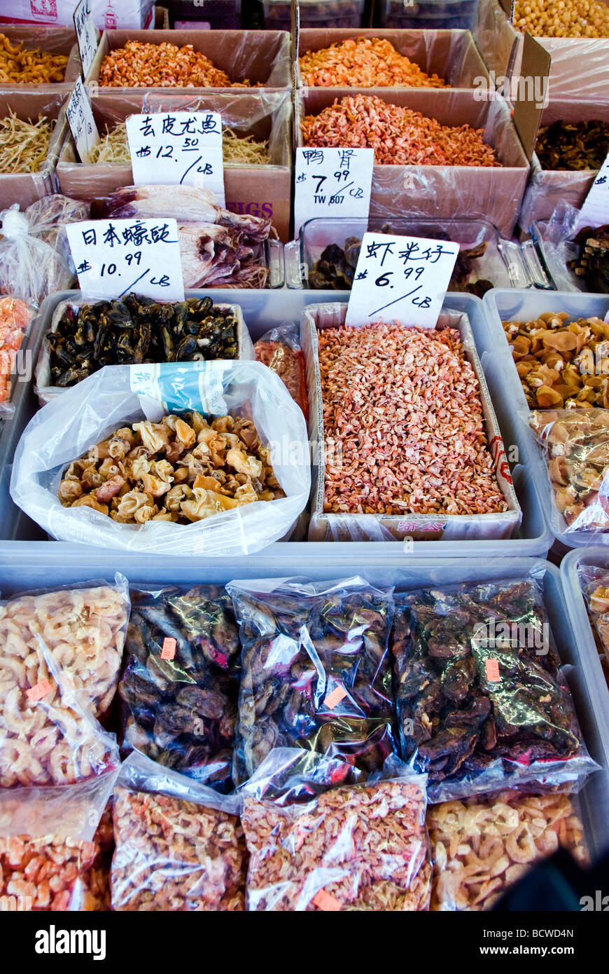 Dried foods at a market stall, Chinatown, San Francisco, California ...