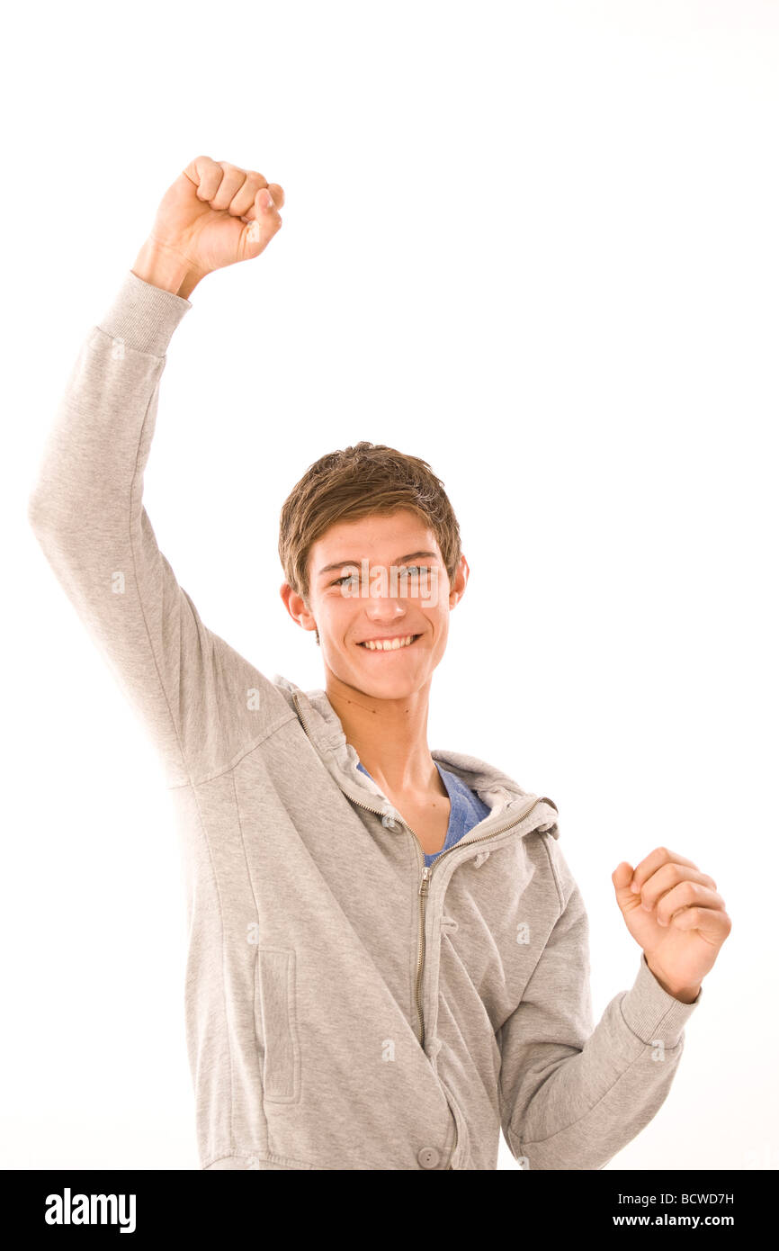 Portrait of a boy in victory pose Stock Photo - Alamy