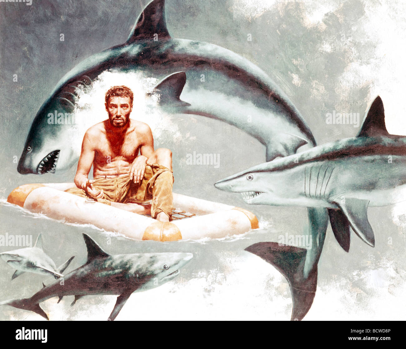 Man on inflatable raft surrounded by sharks by Stanley Borack, born in ...