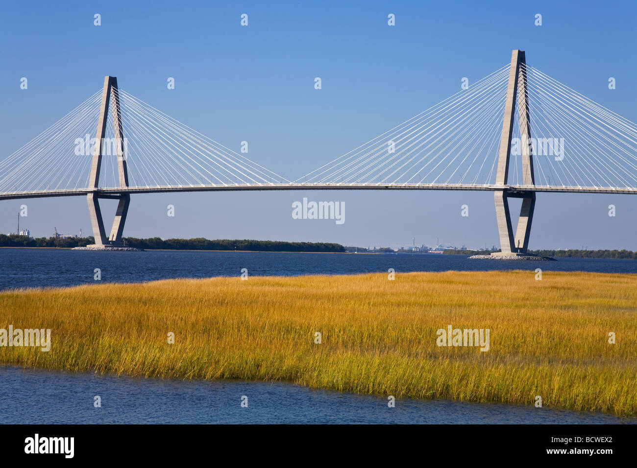 Suspension bridge across a river, Cooper River Bridge, Cooper River ...