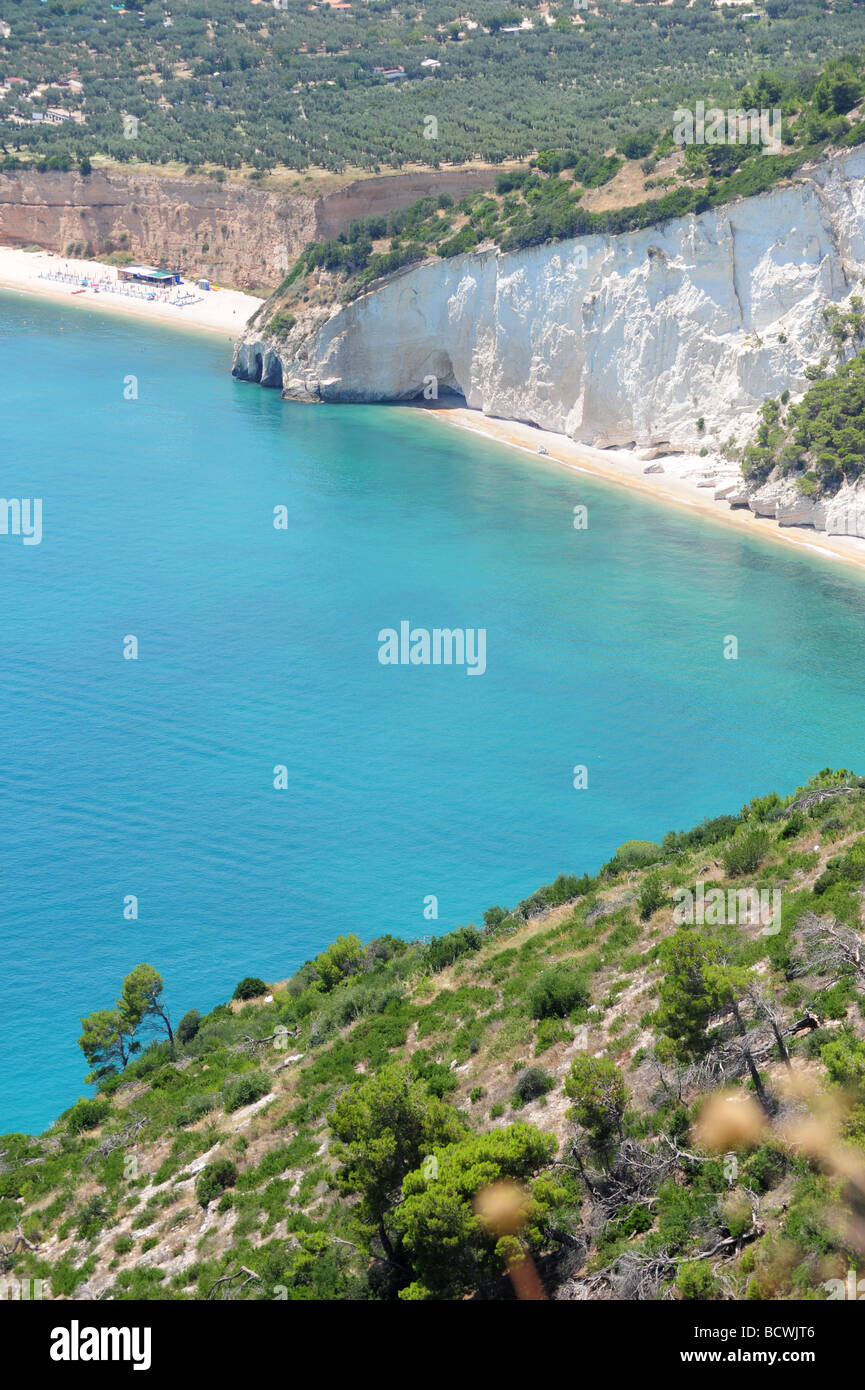 Europe Italy Puglia Region white cliffs and blue sea near Vieste ...