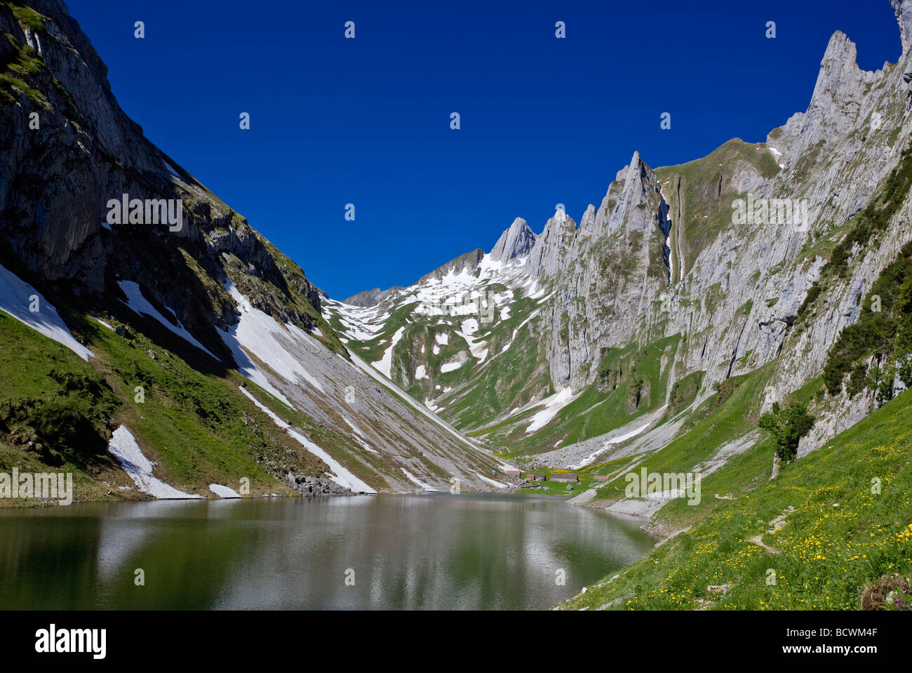 Fälensee mountain lake in the swiss Alpstein range, Appenzell Stock ...