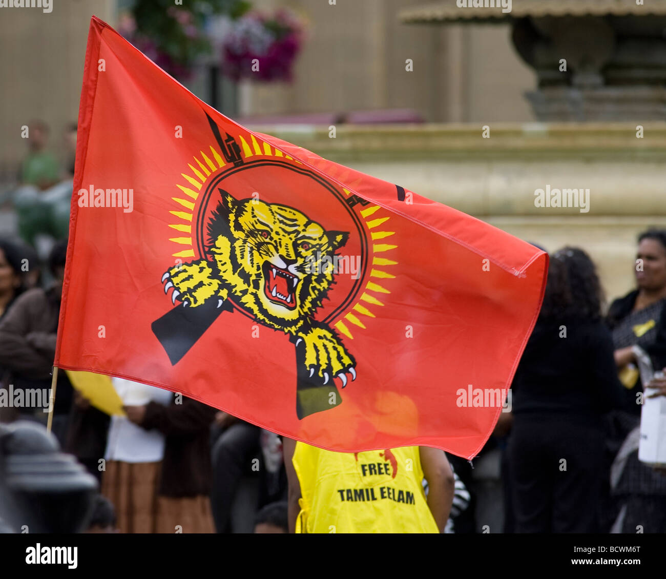 Tamil Tiger flag flies in Trafalgar Square during demonstration Stock ...