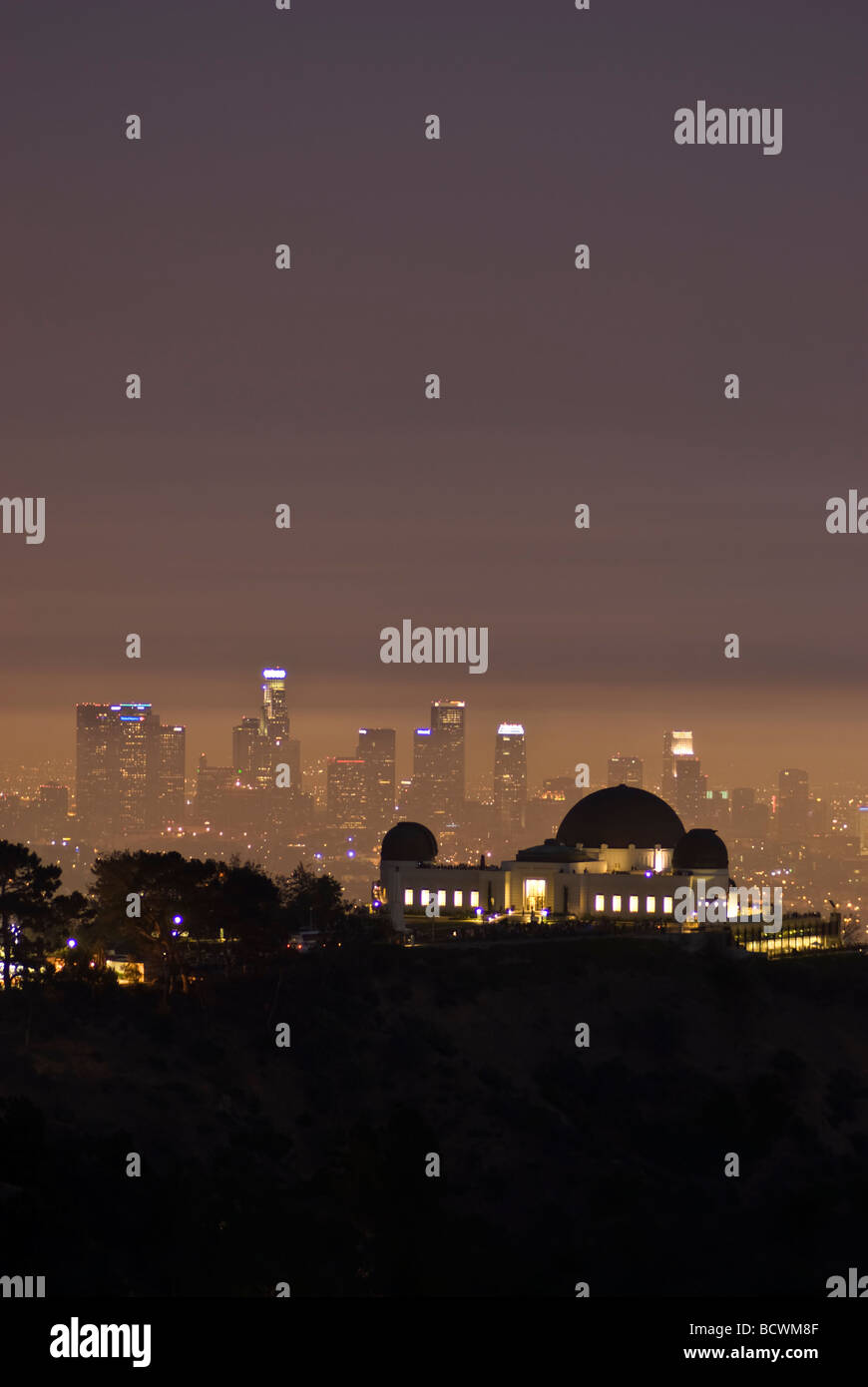 Griffith Observatory at night as viewed from Mt Hollywood, Los Angeles ...