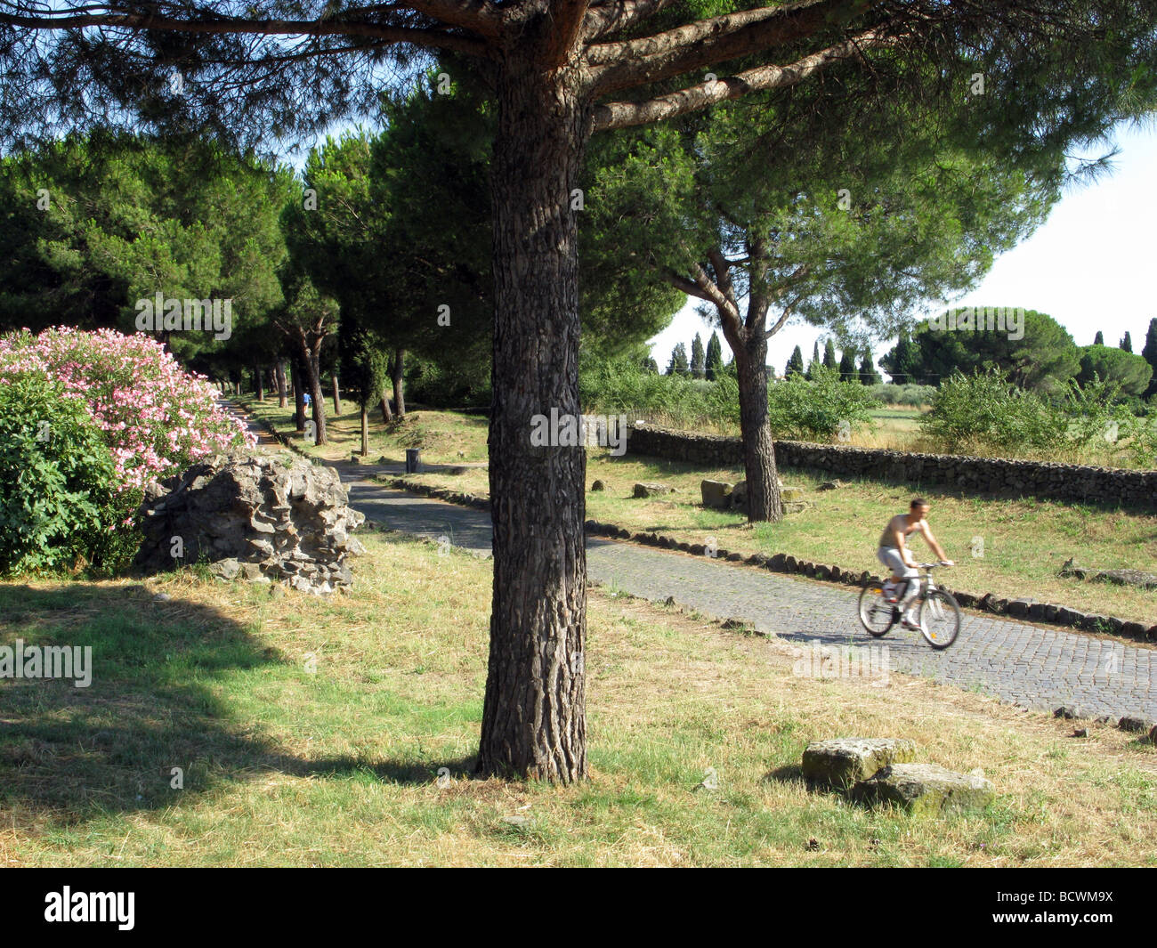 person riding bike on the ancient roman old appian way, rome, italy ...