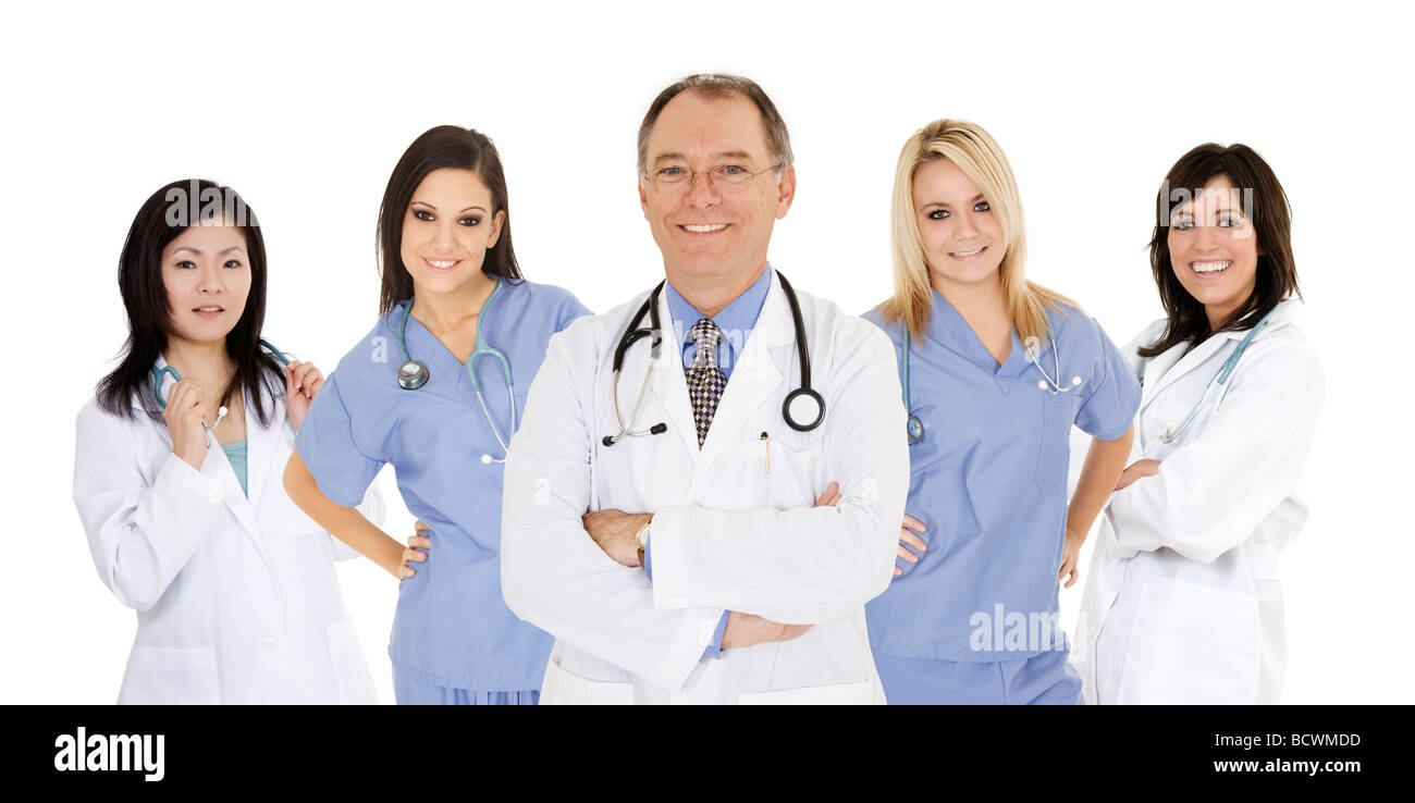Successful group of doctors smiling over a white background Stock Photo ...