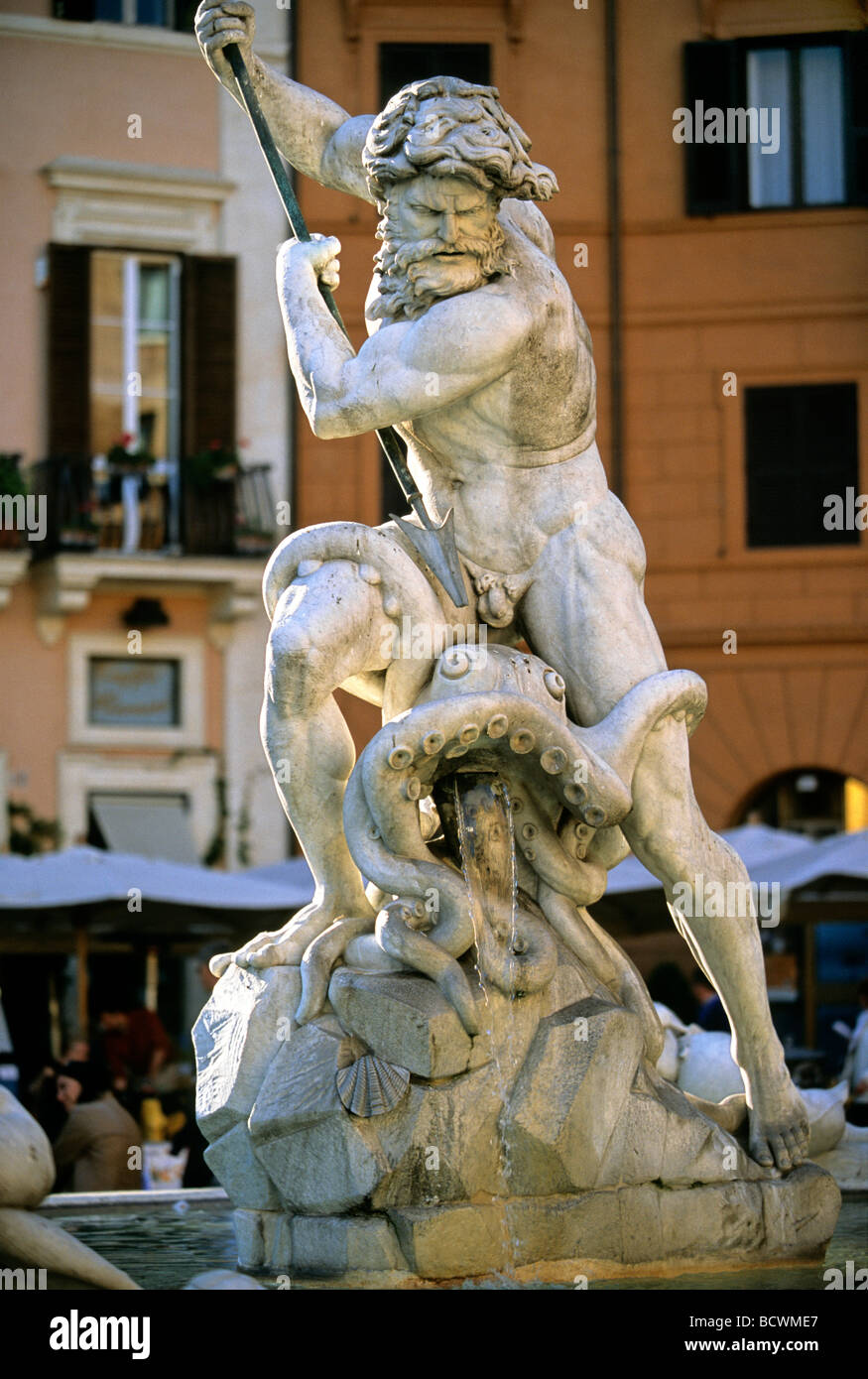 Sea god Neptune with octopus, Neptune Fountain, Piazza Navona, Rome ...