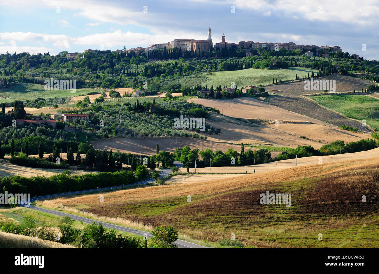 Tuscan landscape with view of Pienza, Val d'Orcia, Tuscany, Italy Stock ...