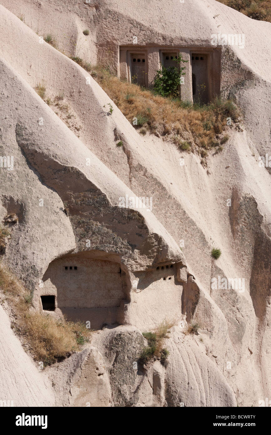 Town and castle ruins Ortahisar near Urgup Cappadocia Anatolia Turkey ...