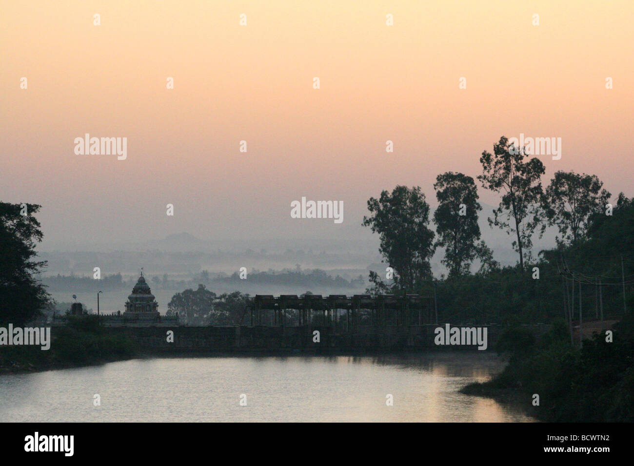 The sunrises over the TungaBhadra dam at Bhadra Reservoir in Karnataka ...