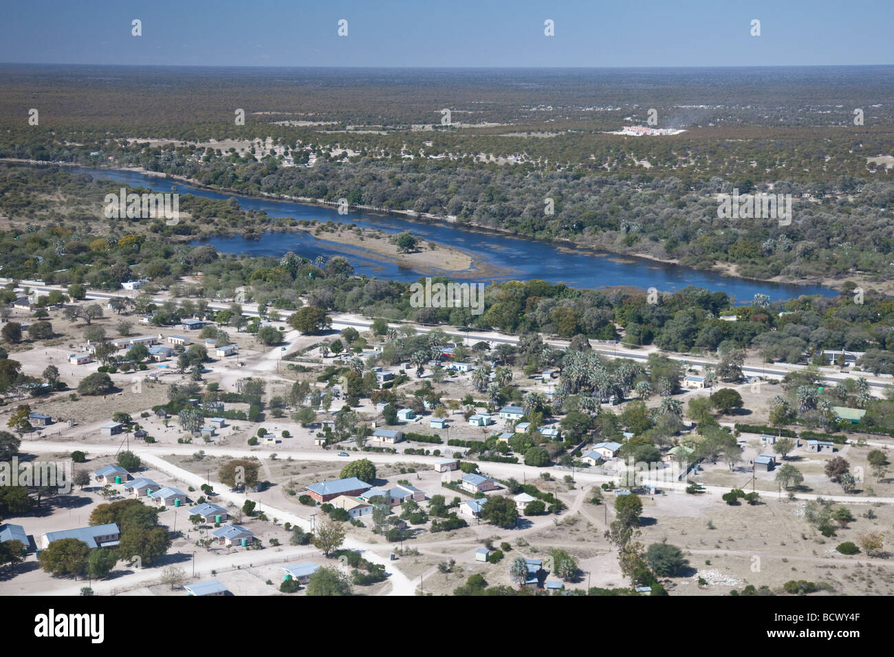 Aerial view of Maun, a town in northern Botswana, taken from a low ...