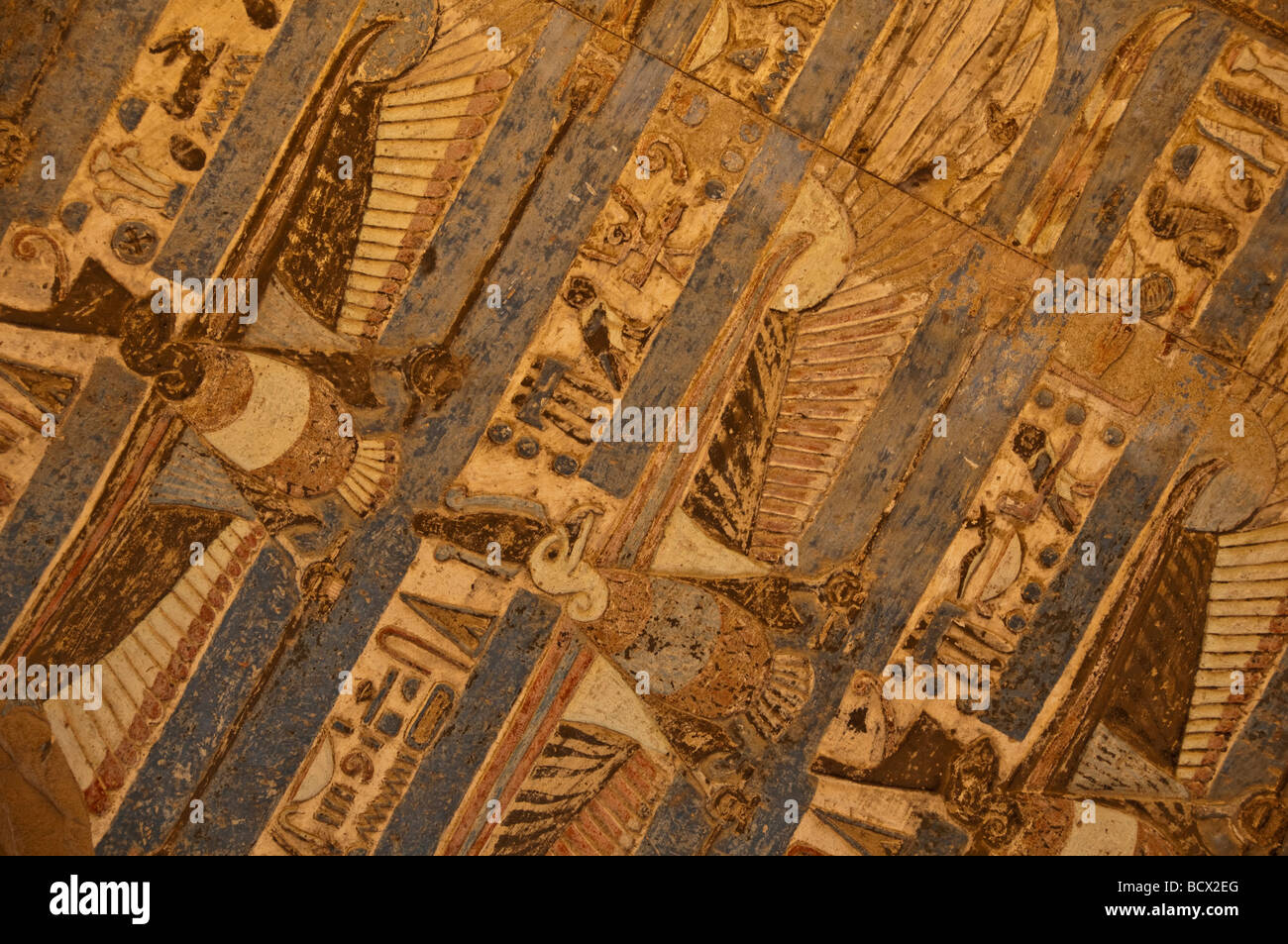 Painted ceiling at Kom Ombo Temple Egypt showing the falcon headed god ...